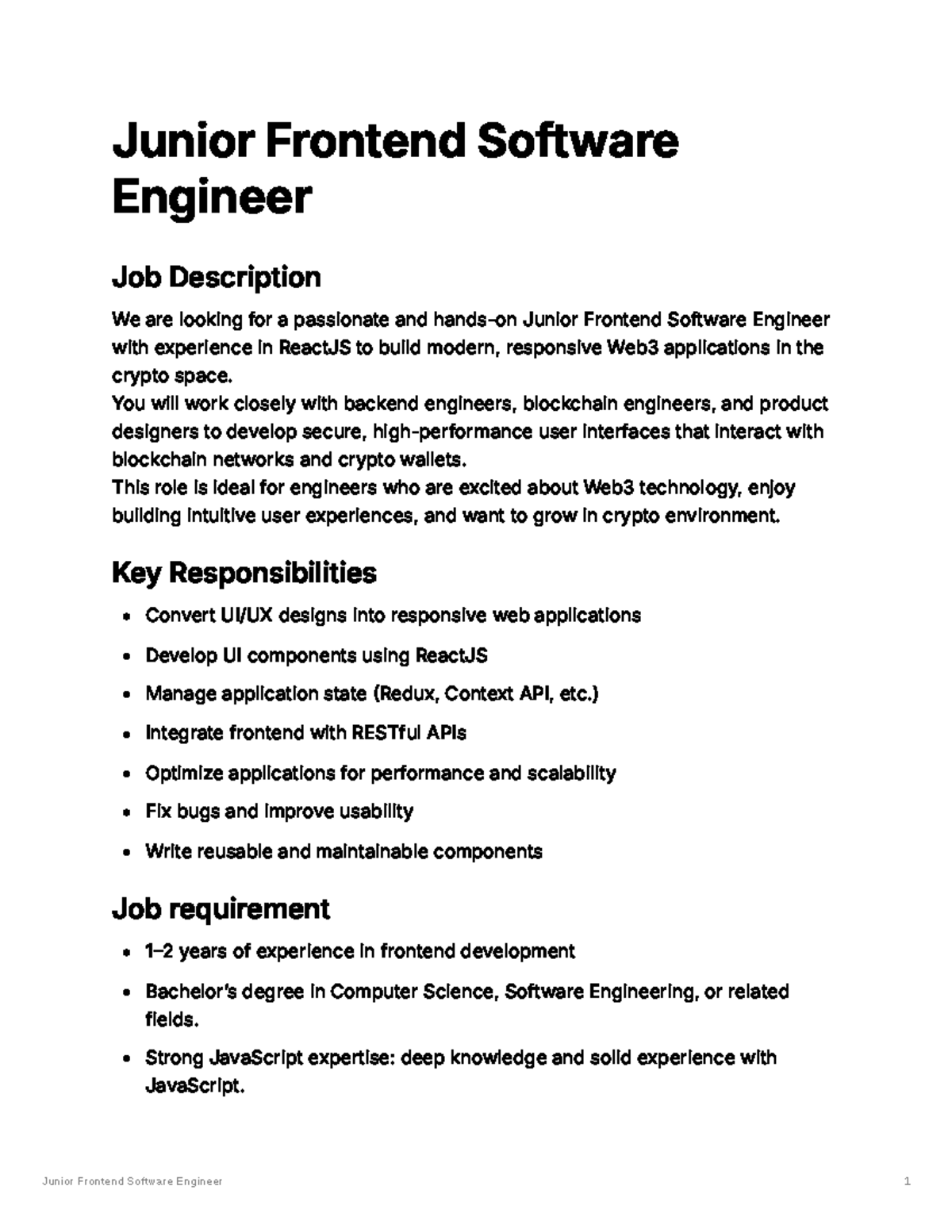 JD: Junior Frontend Software Engineer Position Description - Studocu