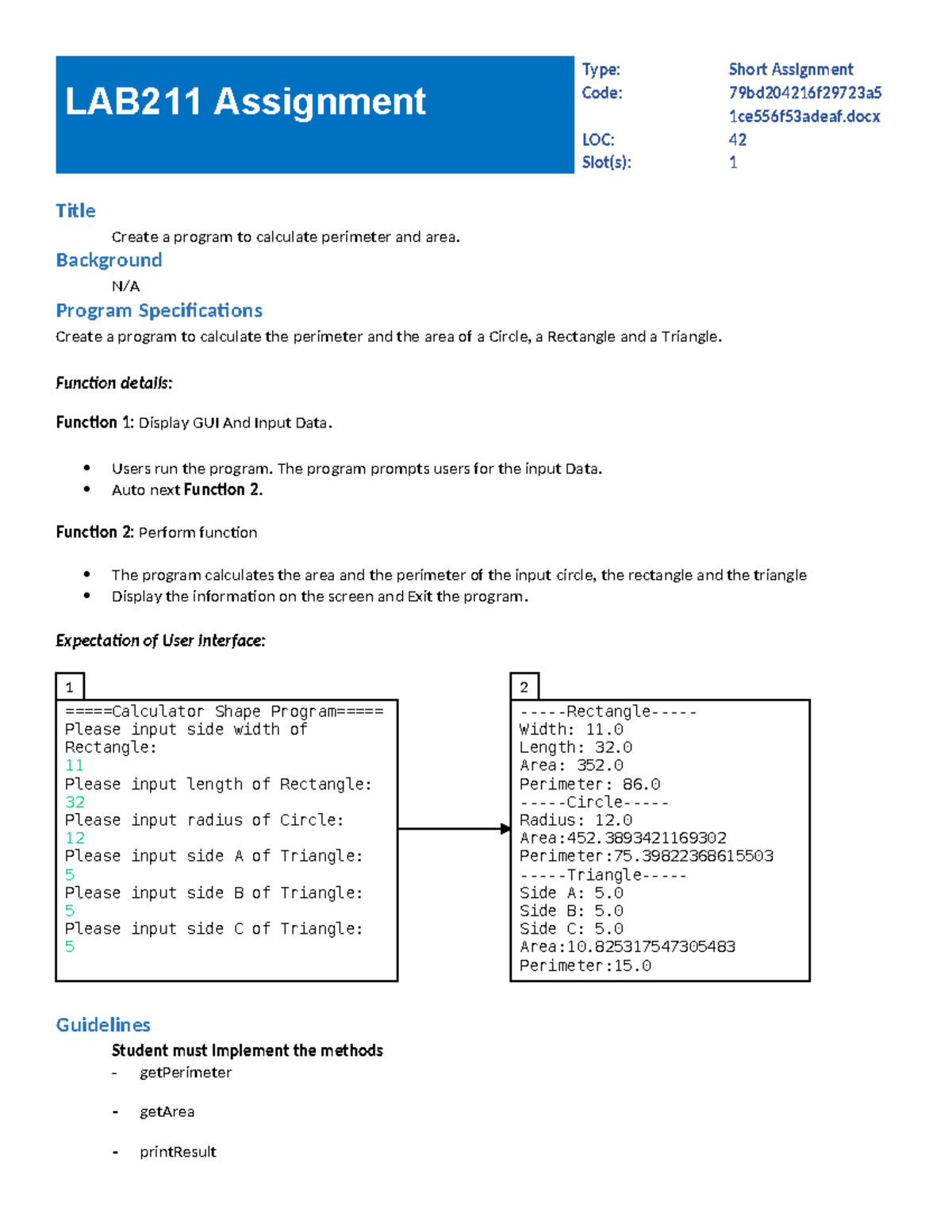 LAB211 Short Assignment: Program for Area & Perimeter Calculation - Studocu