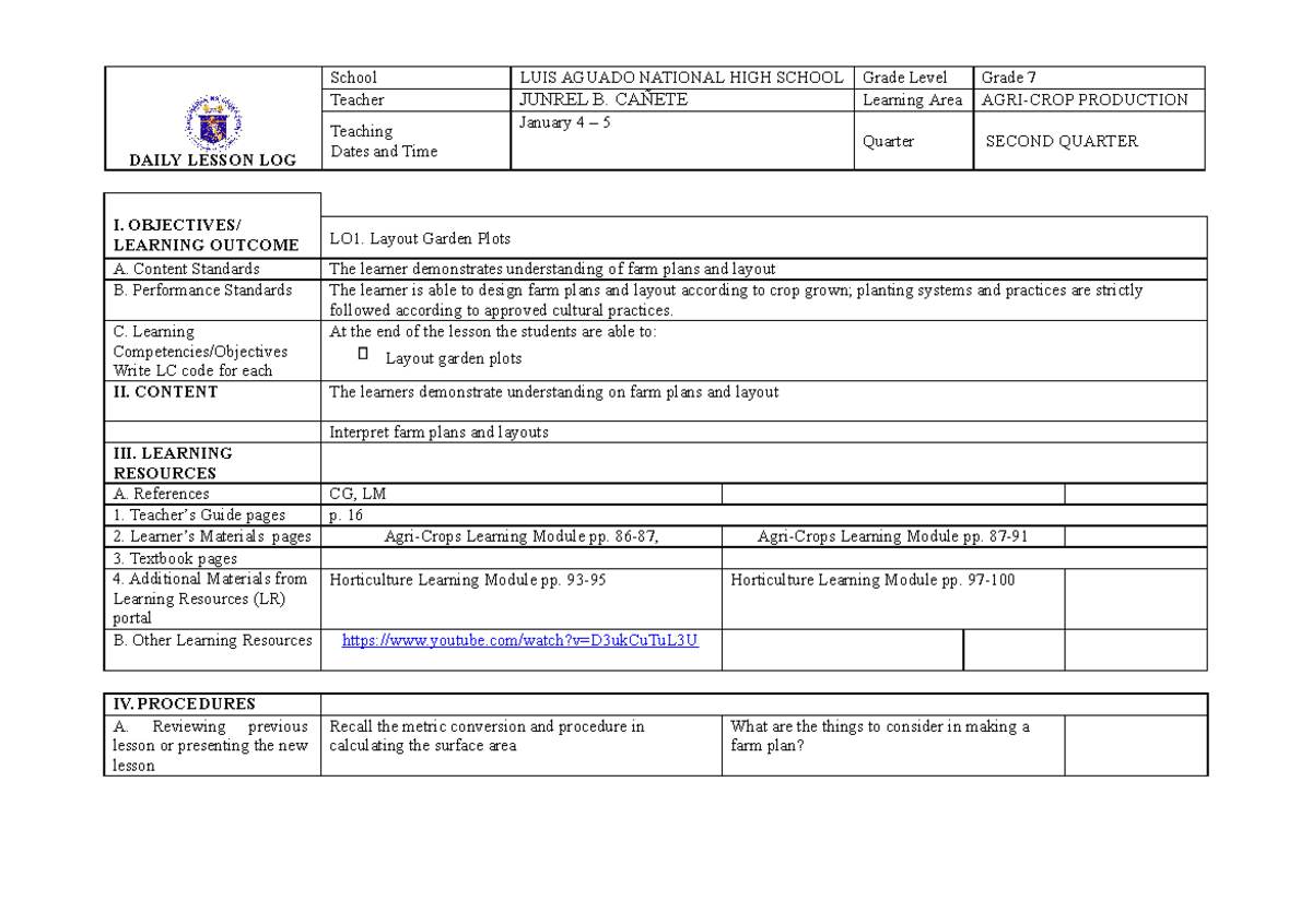 DLL - agri-crop-production-7-interpret-farm-layouts - DAILY LESSON LOG ...