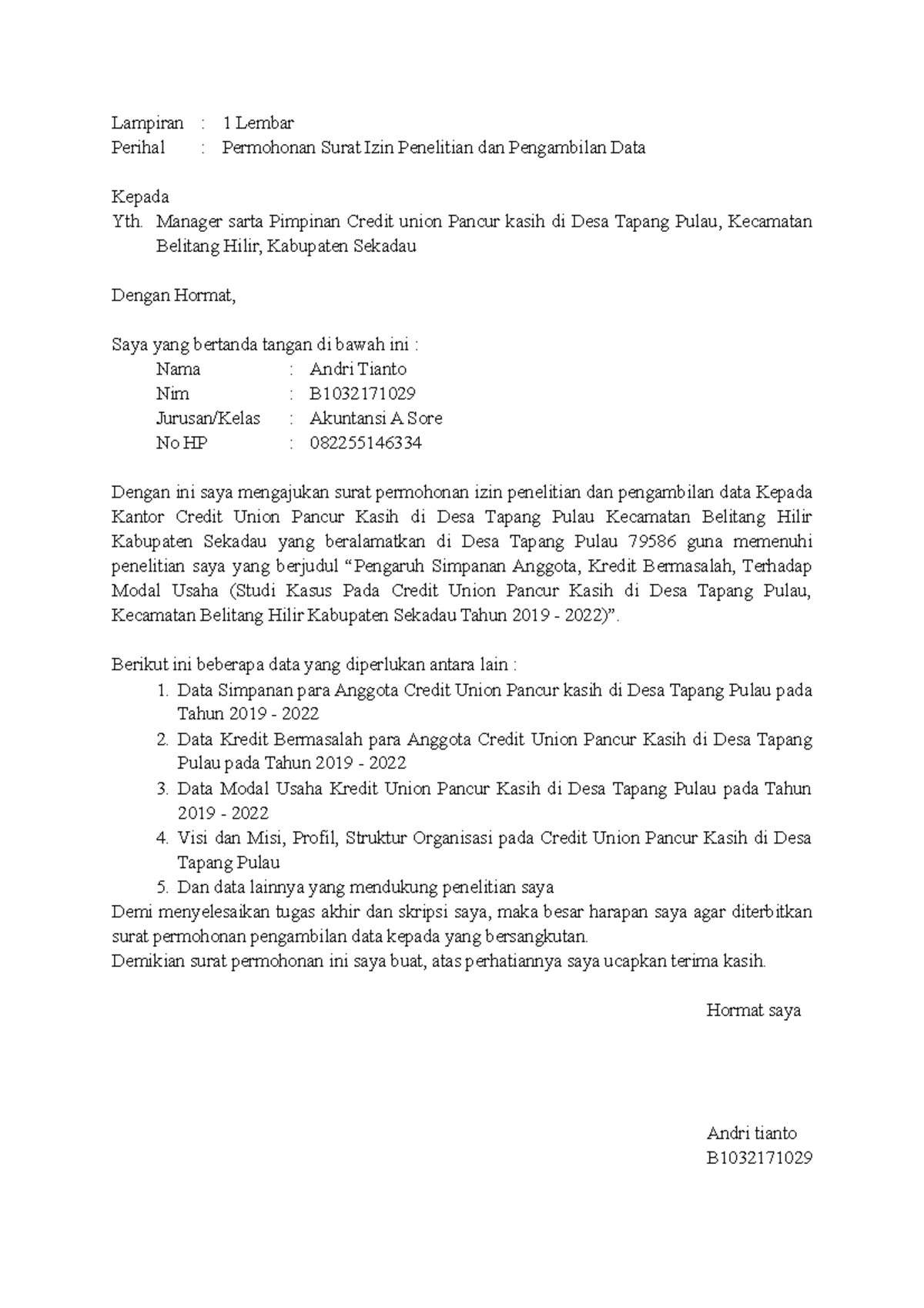 Surat Permohonan Izin Penelitian dan Pengambilan Data Akuntansi A - Studocu