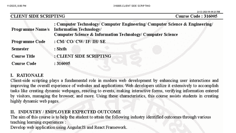 316005 - Client Side Scripting Course Overview and Learning Outcomes ...