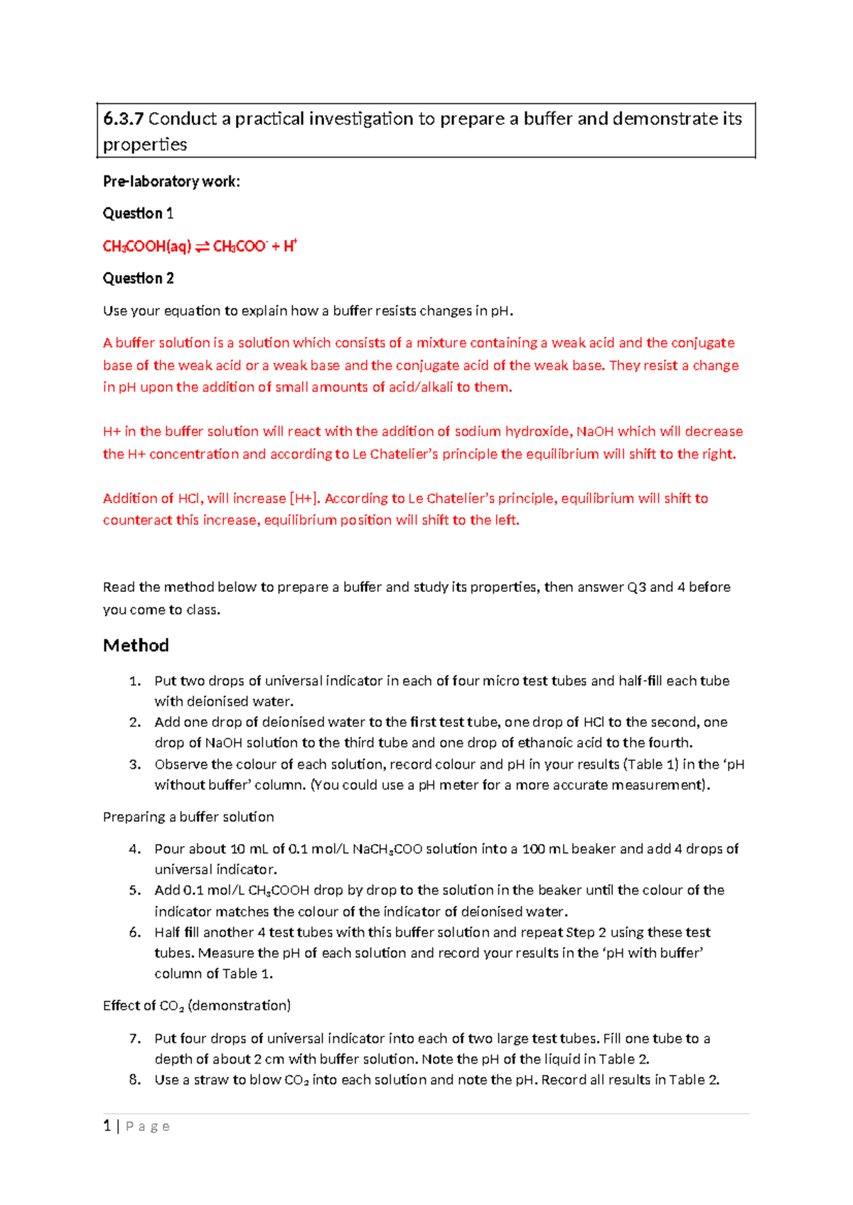 Buffer Practical Investigation: Properties and pH Resistance (CH3COOH ...