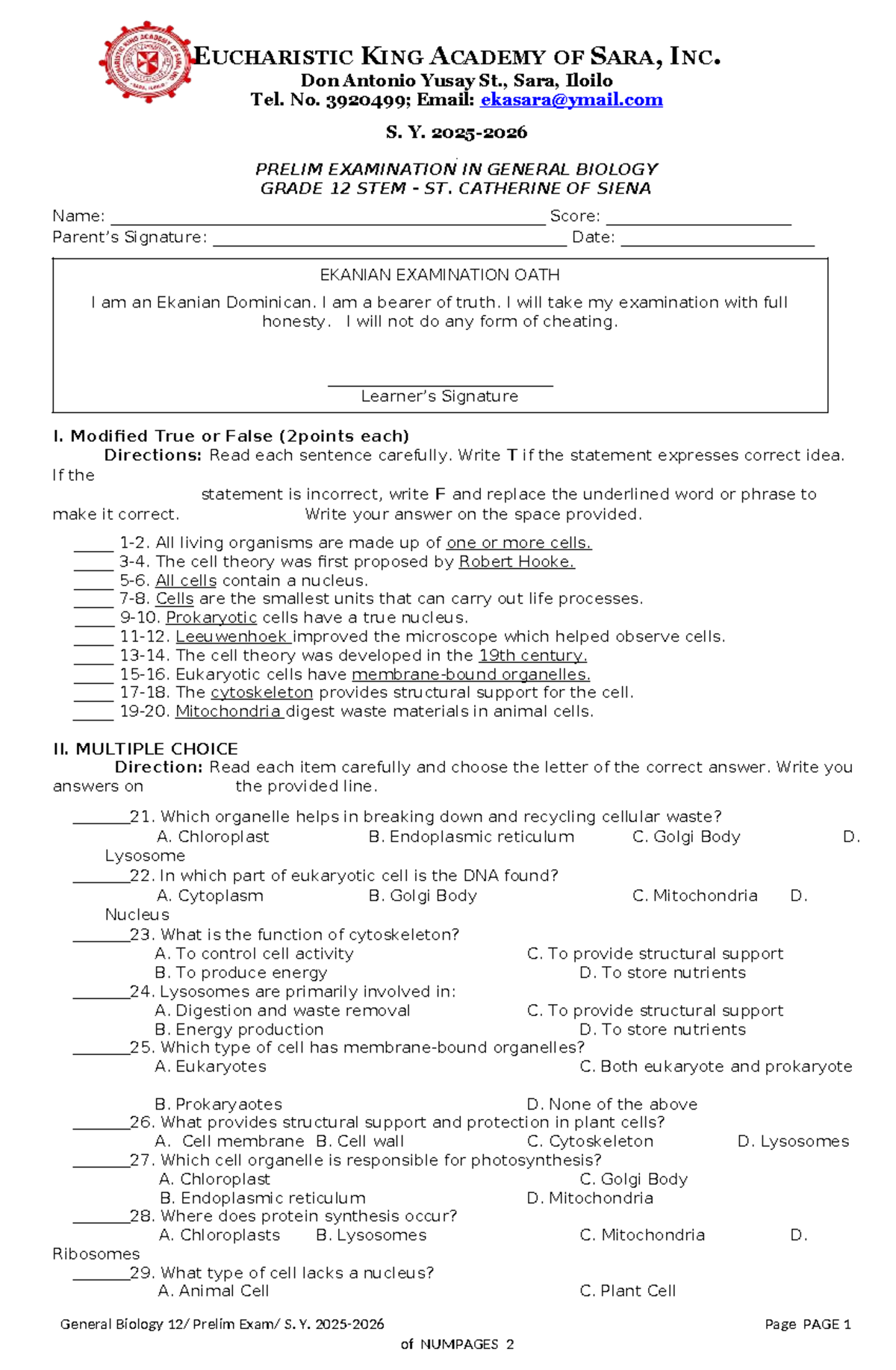 GEN-BIO-12 Prelim Exam Review: General Biology Grade 12 STEM - Studocu