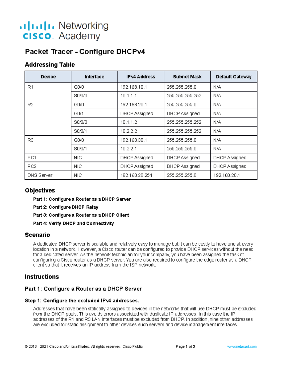 7210 Packet Tracer Configure Dhcpv 4 Packet Tracer Configure Dhcpv Addressing Table