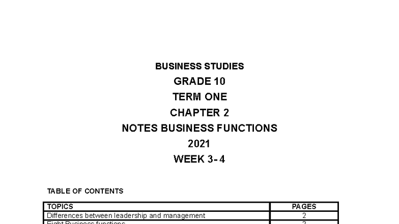 BSTD GRADE 10 TERM 1 CHAPTER 2 NOTES: BUSINESS FUNCTIONS - Studocu