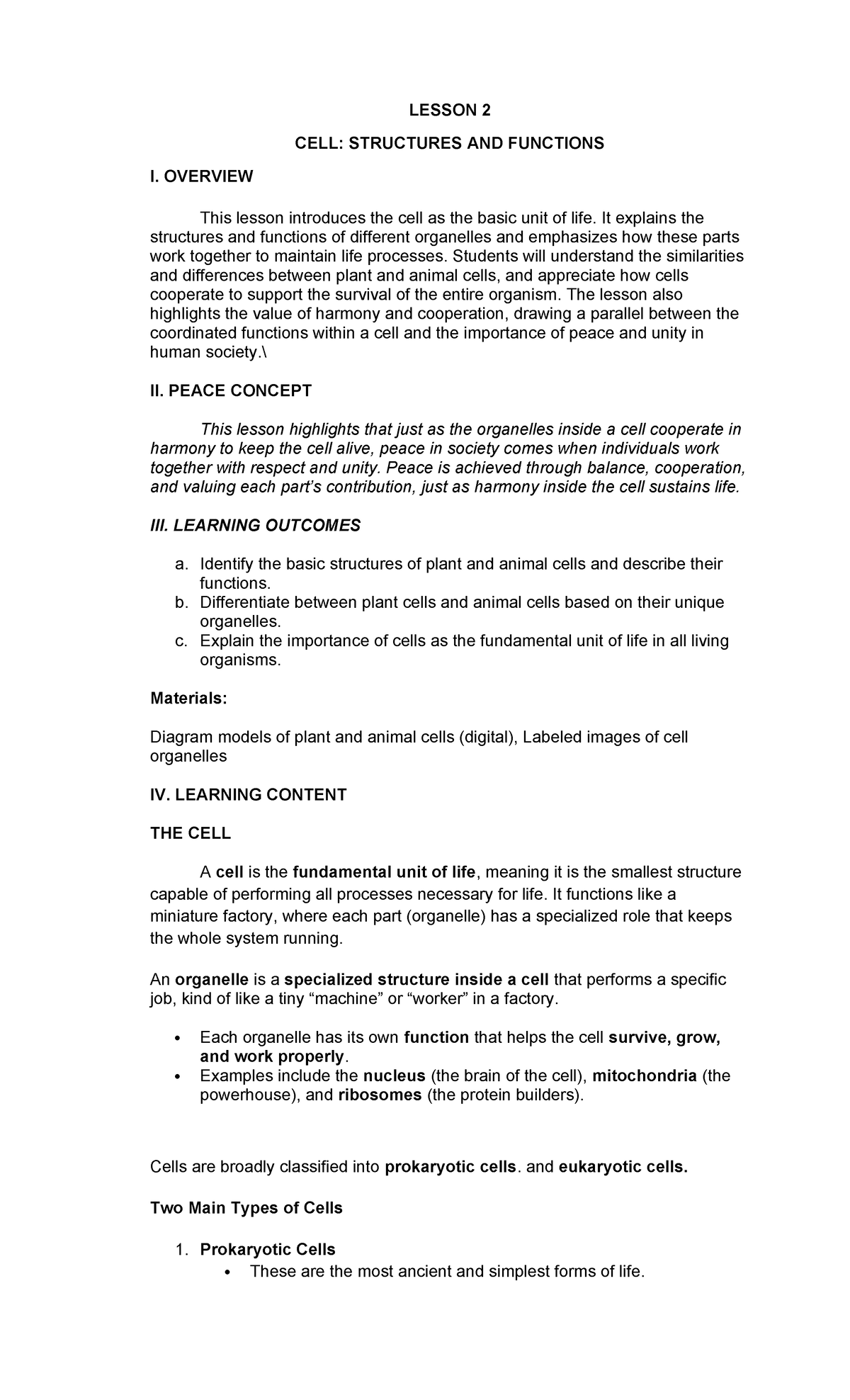 LESSON 2: CELL STRUCTURES & FUNCTIONS - OVERVIEW AND PEACE CONCEPT ...