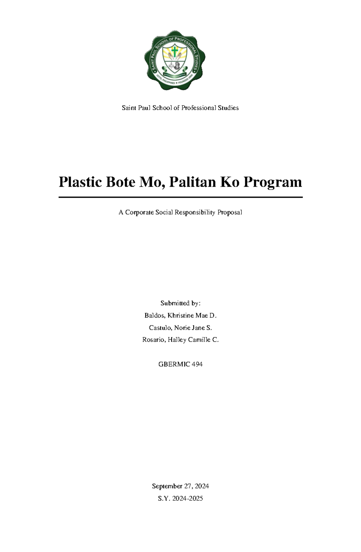 GBERMIC 494: Plastic Bote Mo, Palitan Ko CSR Proposal - Studocu