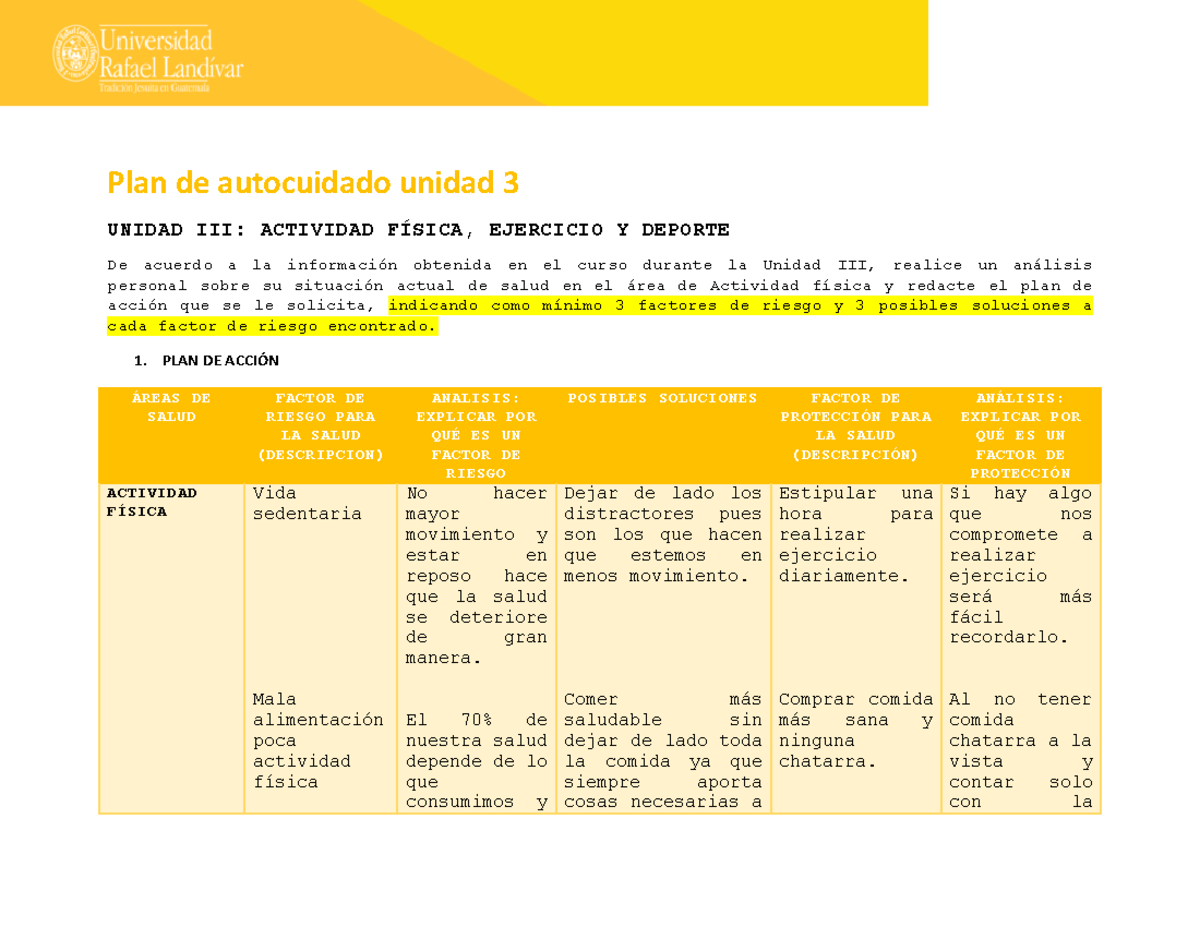Plan de autocuidado unidad 3 - 1. PLAN DE ACCIÓN ÁREAS DE SALUD FACTOR ...
