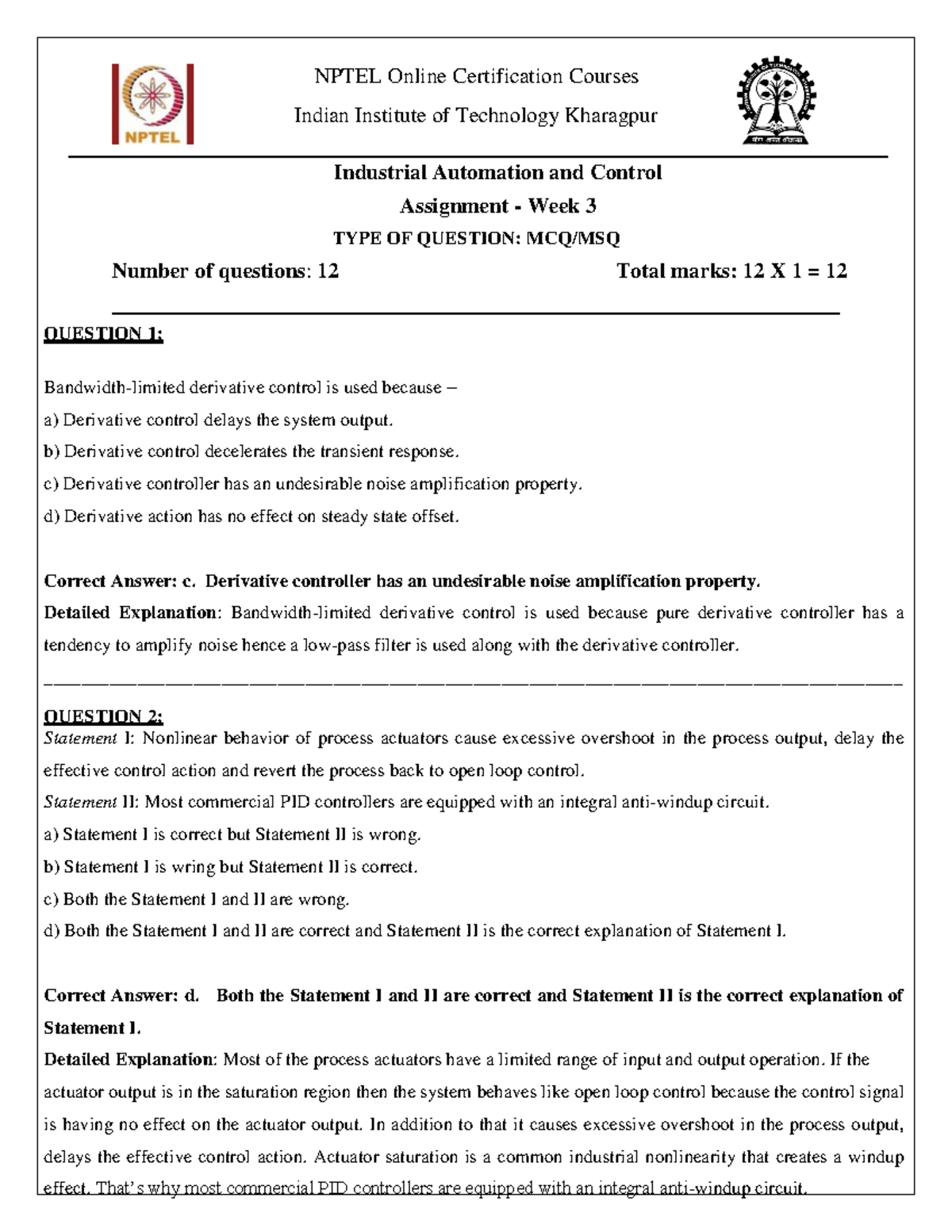 IIT KGP IAC Week 3 Assignment 3 Solution - MCQ Format - Studocu