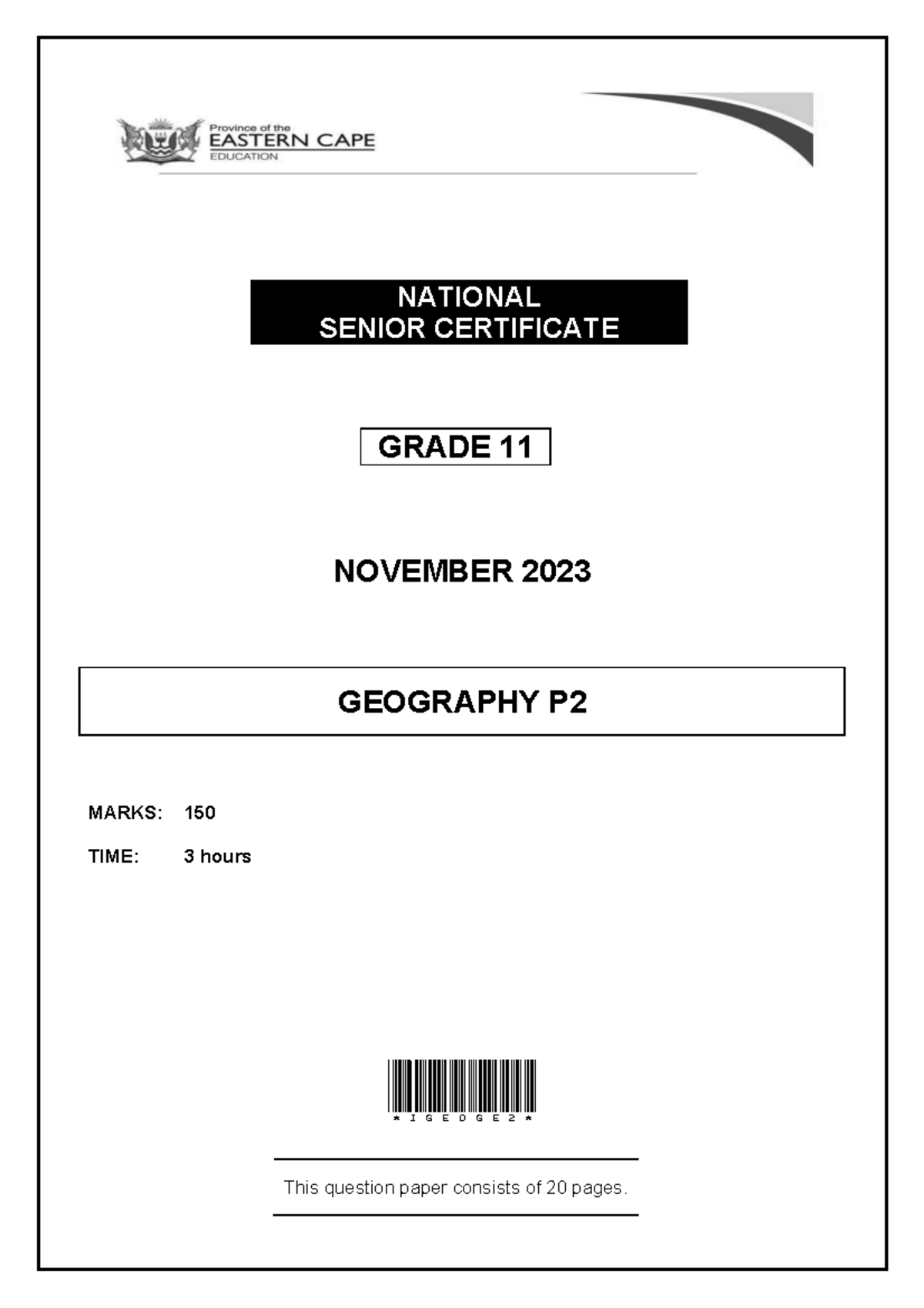 Geography P2 Grade 11 November 2023 Question Paper (English) - Studocu