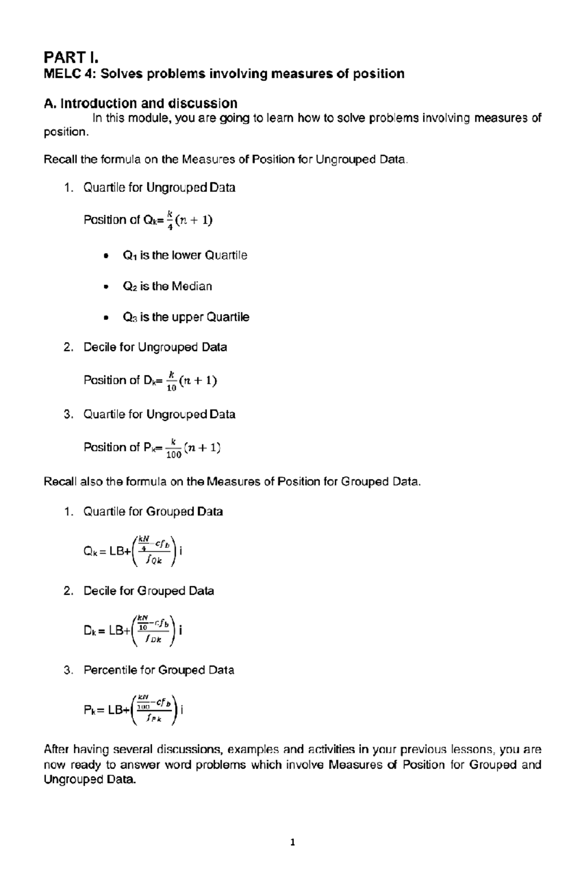 MathEMATICS NOTES FOR STUDENTS - PART I. MELC 4: Solves problems ...