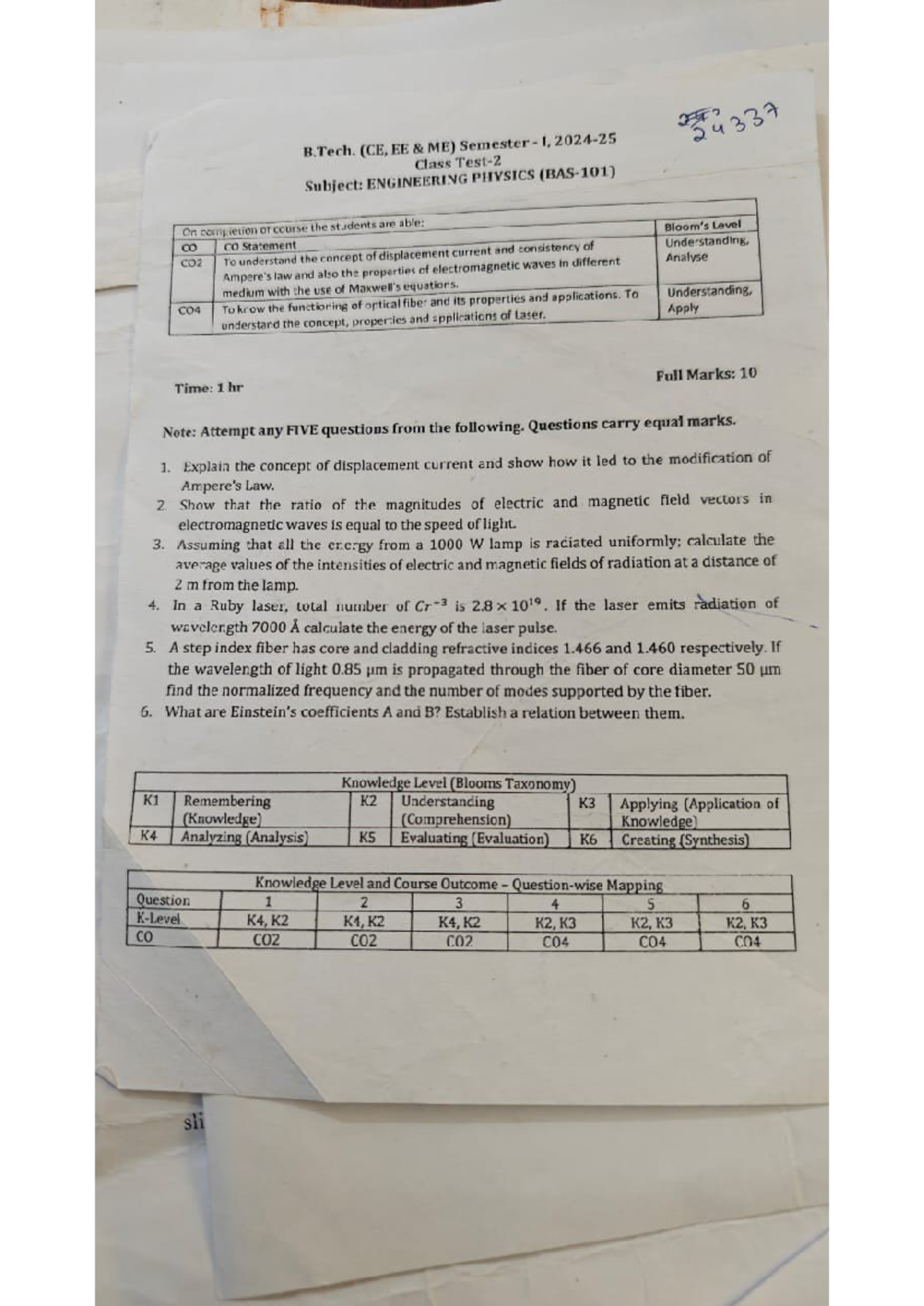 B.Tech. I Year Mid Sem Exam: Engineering Physics & Electrical ...