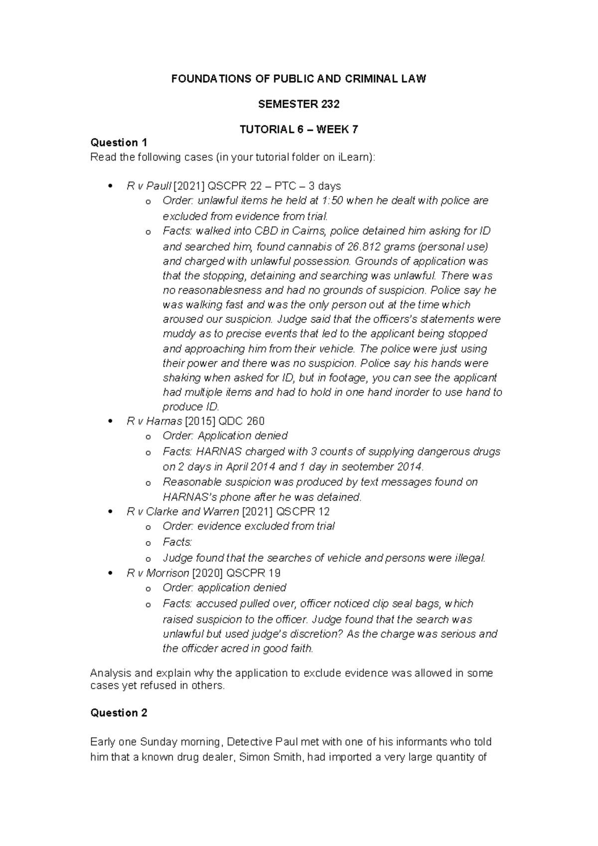Foundations of public and criminal law semester 232 tutorial 6 week 7 ...