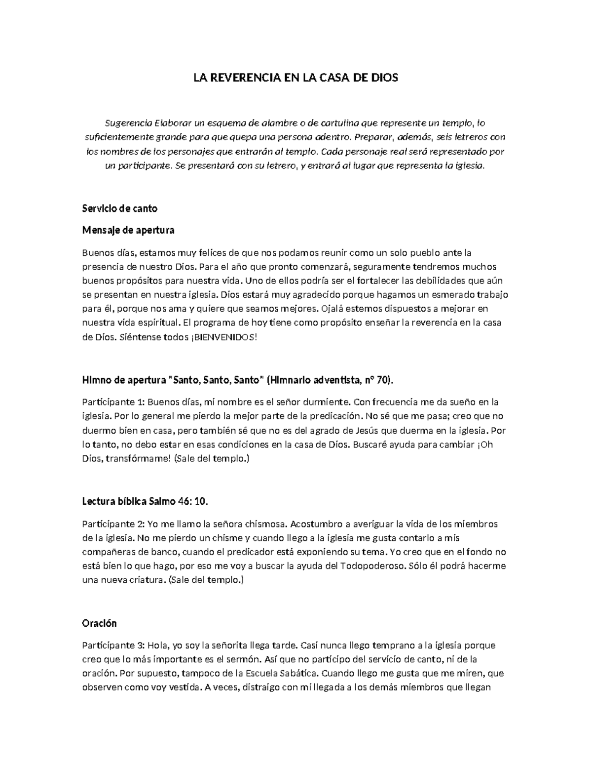 LA REVERENCIA EN LA CASA DE DIOS: Programa de Servicio y Reflexión - Studocu