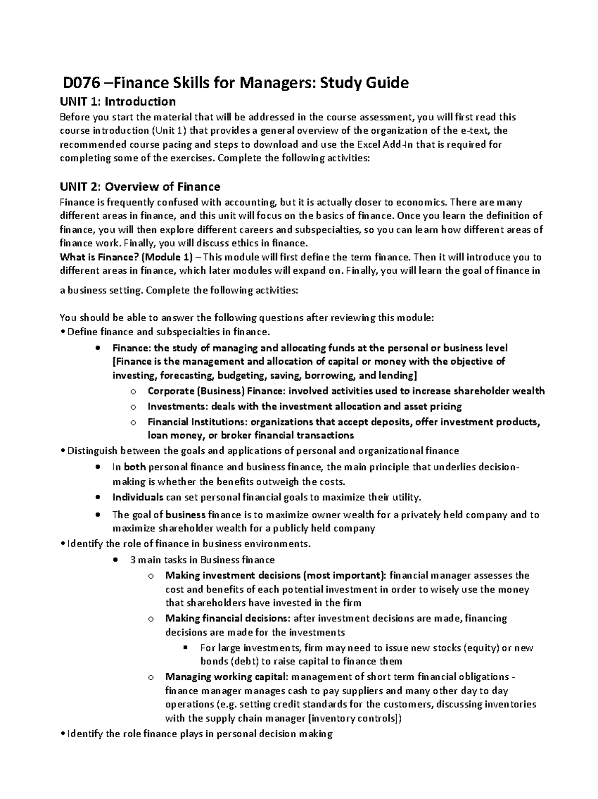 D076 study guide - D076 – Finance Skills for Managers: Study Guide UNIT ...