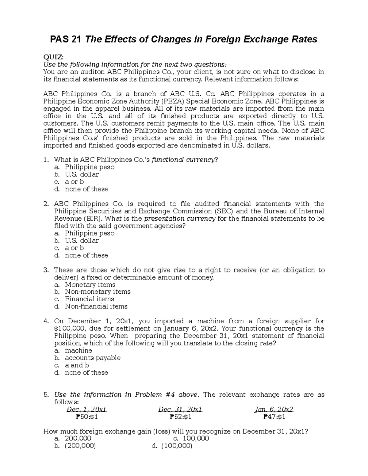PAS 21 Quiz 2021: Foreign Exchange Rates Questions & Answers - Studocu