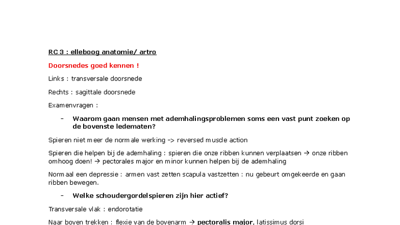 RC 3: Schouder- en Elleboog Anatomie - Examenvragen en Spierfuncties - Studocu