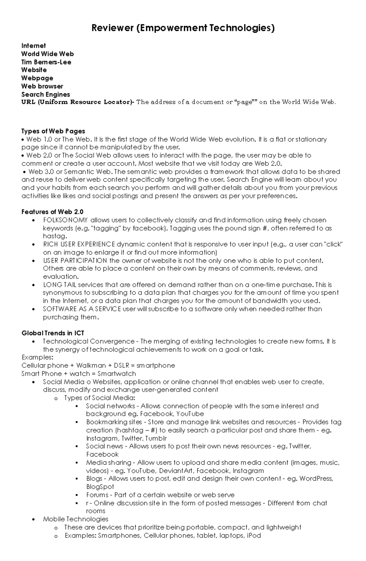 Emtech Reviewer: Internet Technologies & Web Evolution Insights - Studocu