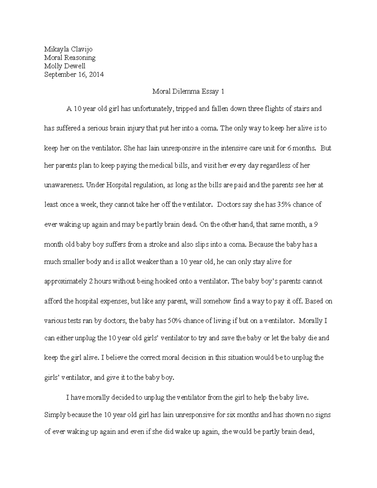 Moral Reasoning in a Dilemma: A Persuasive Essay on Valuing Life - Studocu