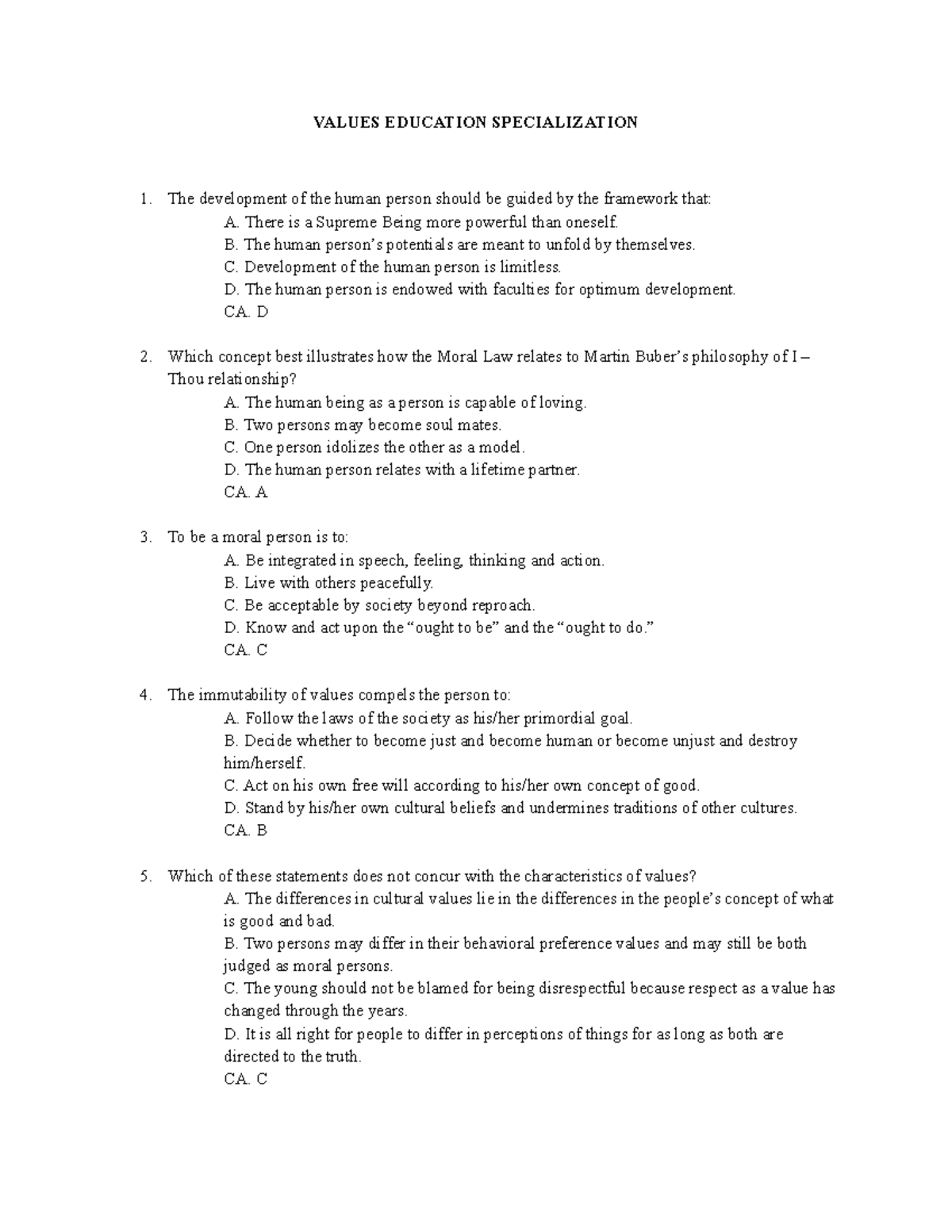 Values Education Major (Part 1): Key Concepts and Philosophies - Studocu