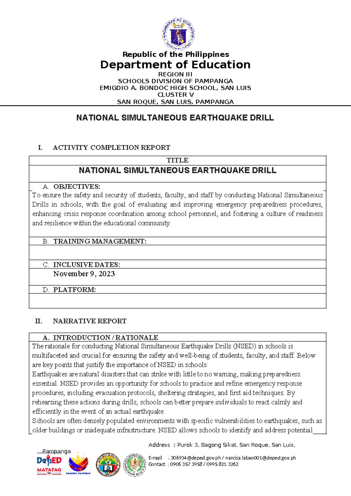 ACR-NSED: National Simultaneous Earthquake Drill Report 2023 - Studocu