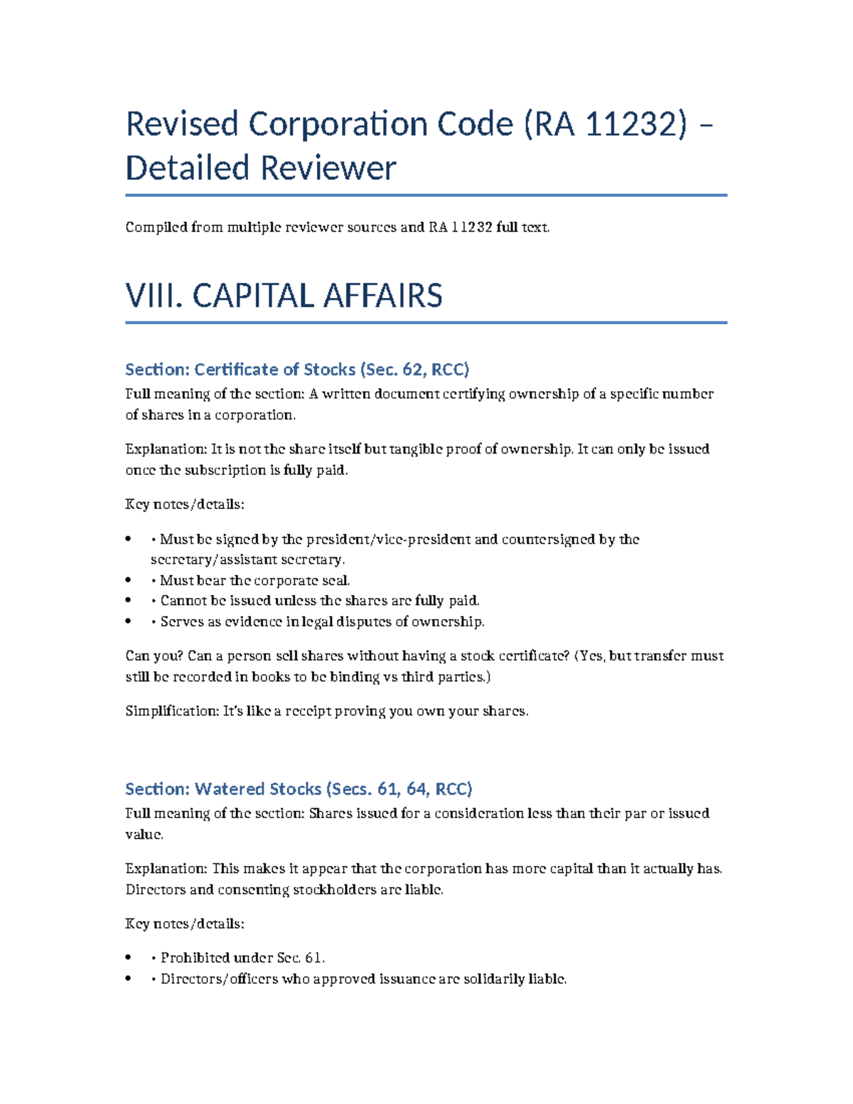 RCC Detailed Reviewer: Key Sections on Corporate Stocks and Liquidation - Studocu