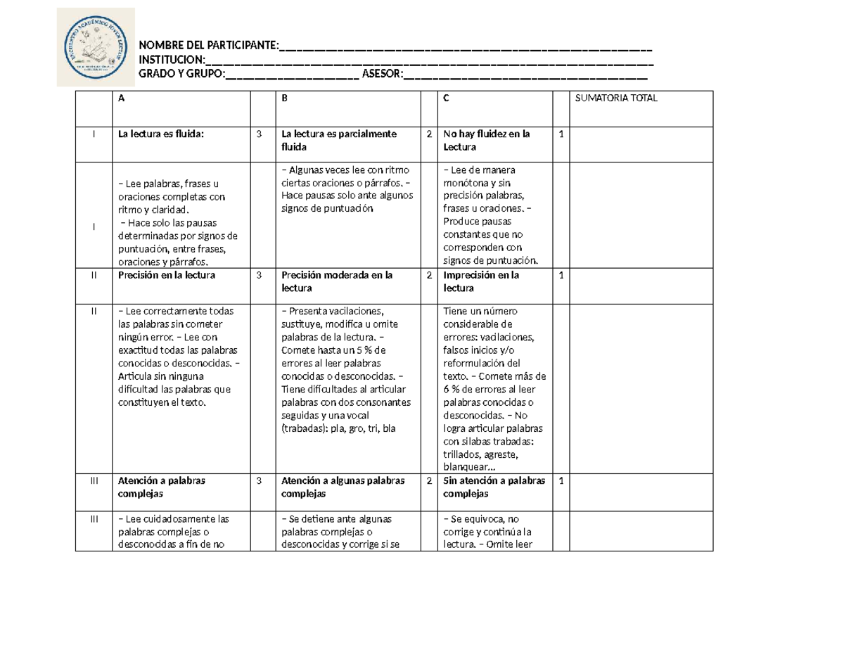 Rubrica de Evaluación para el Concurso de Lectura - NOMBRE DEL GRADO Y ...