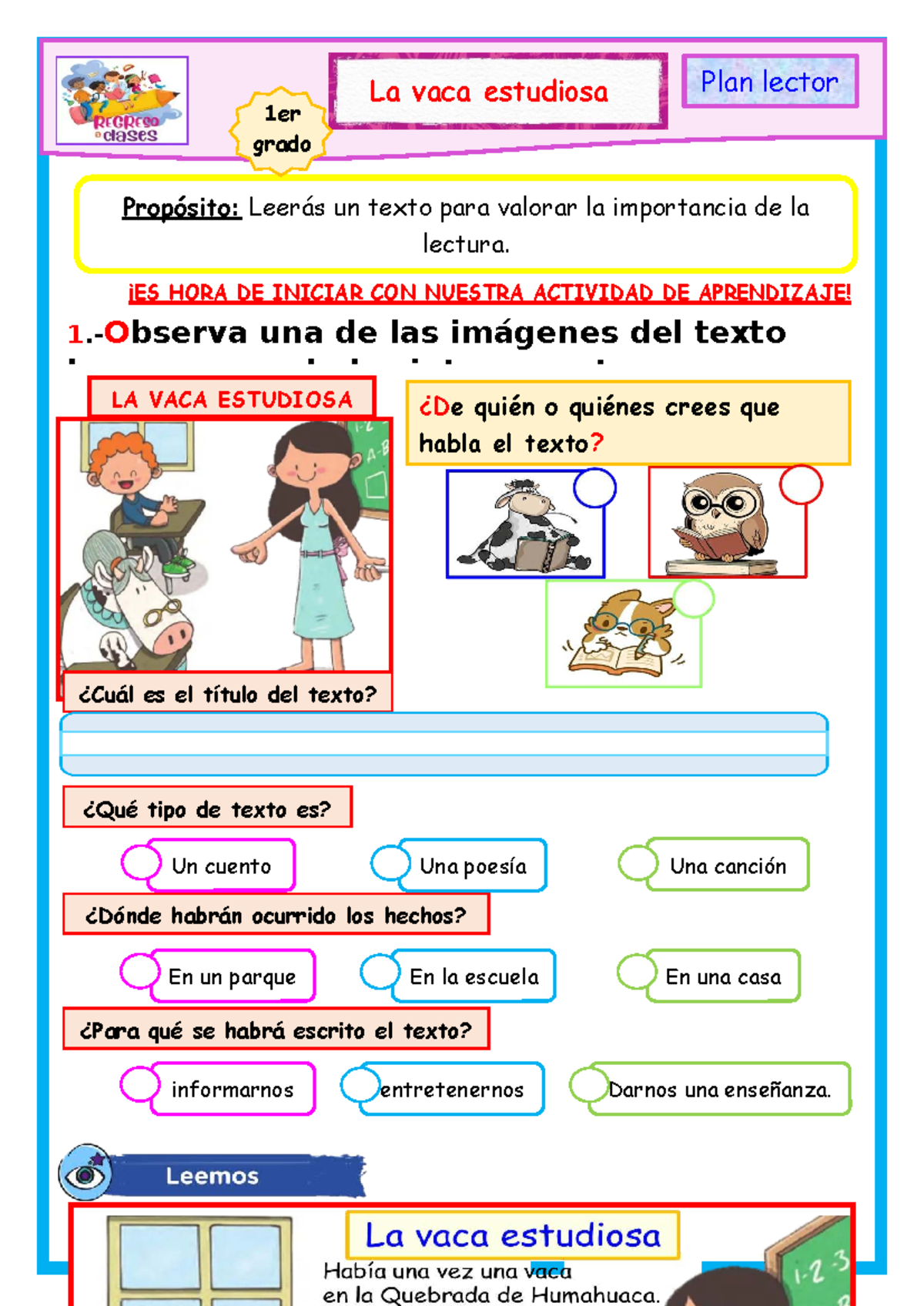 Ficha PLAN Lector: La Vaca Estudiosa - 1er Grado - Studocu