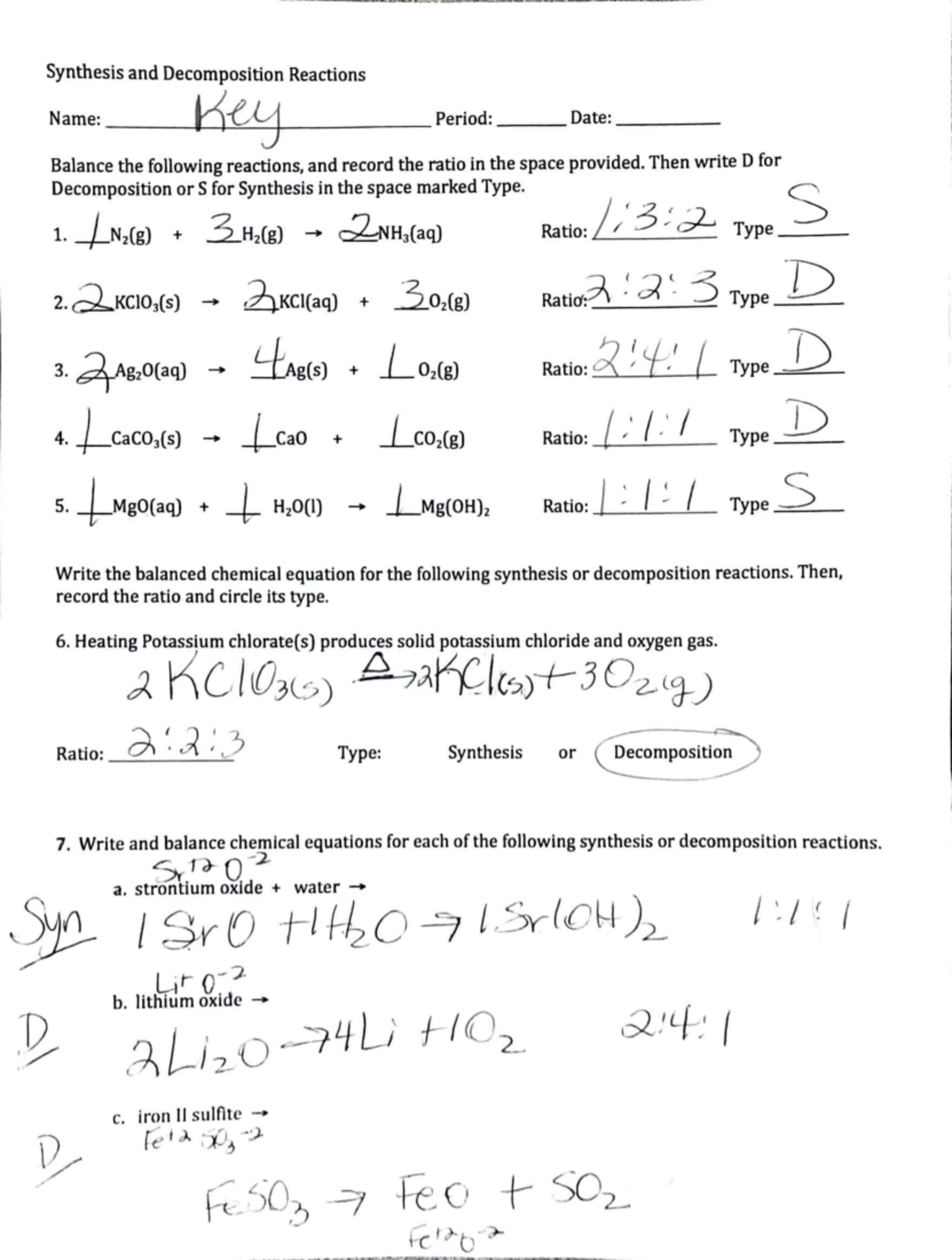 Synthesis and Decomposition Reactions Practice KEY (Chem 101) - Studocu