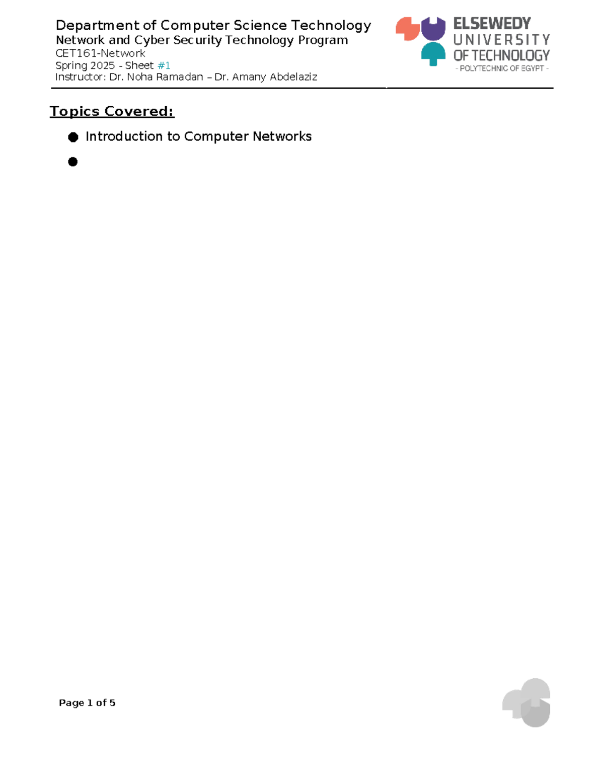 Sheet 1 - Department of Computer Science Technology Network and Cyber ...