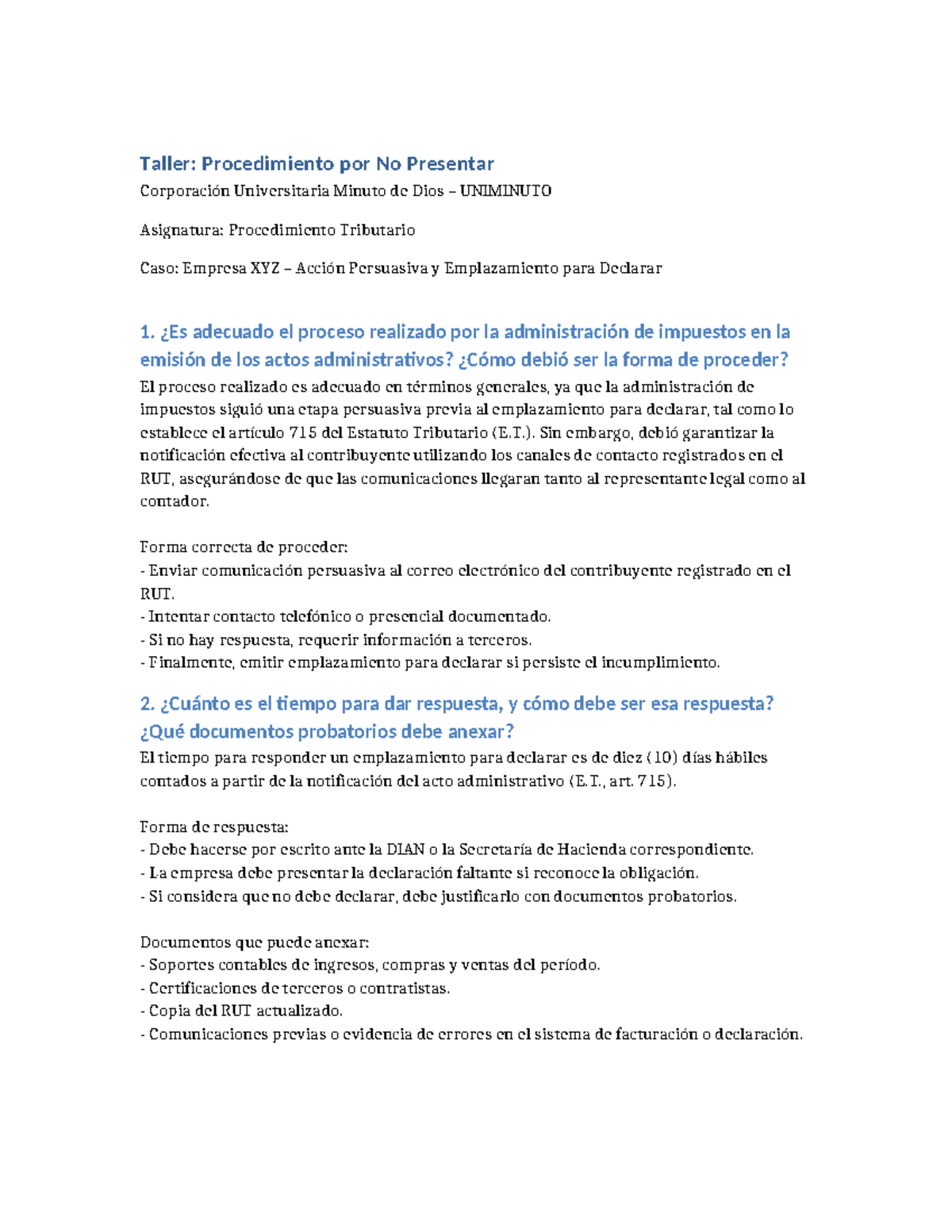 Taller: Procedimiento Tributario - Caso Empresa XYZ UNIMINUTO - Studocu