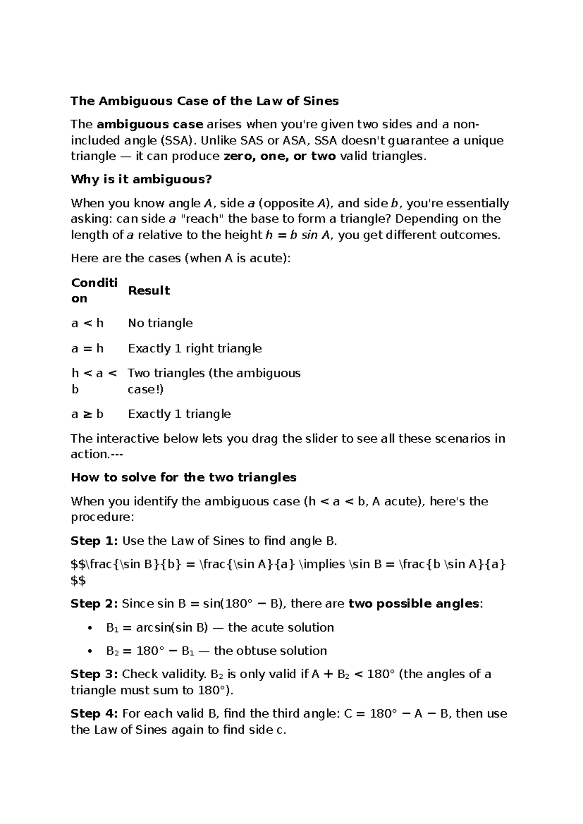 The Ambiguous Case of the Law of Sines (SSA) Explained - Studocu