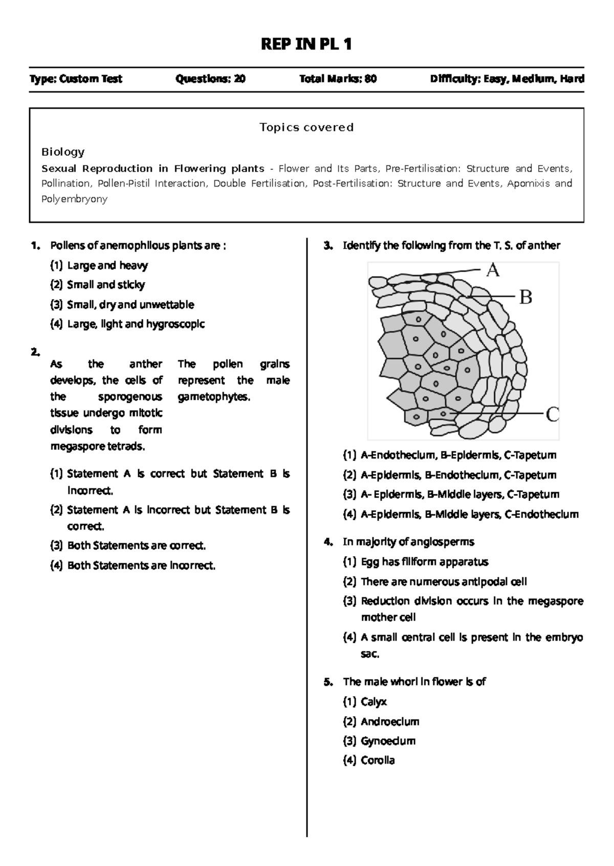 REP IN PL 1: Custom Test Questions on Sexual Reproduction in Plants ...