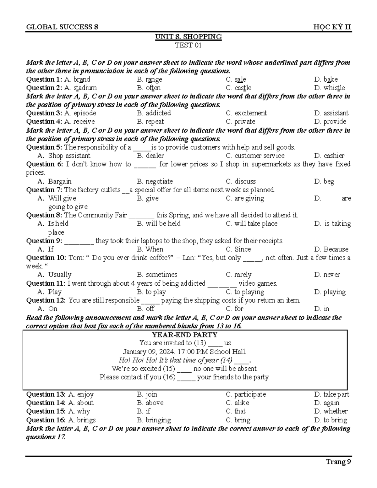 GLOBAL SUCCESS 8 HỌC KỲ II UNIT 8 SHOPPING TEST EXERCISES - Studocu
