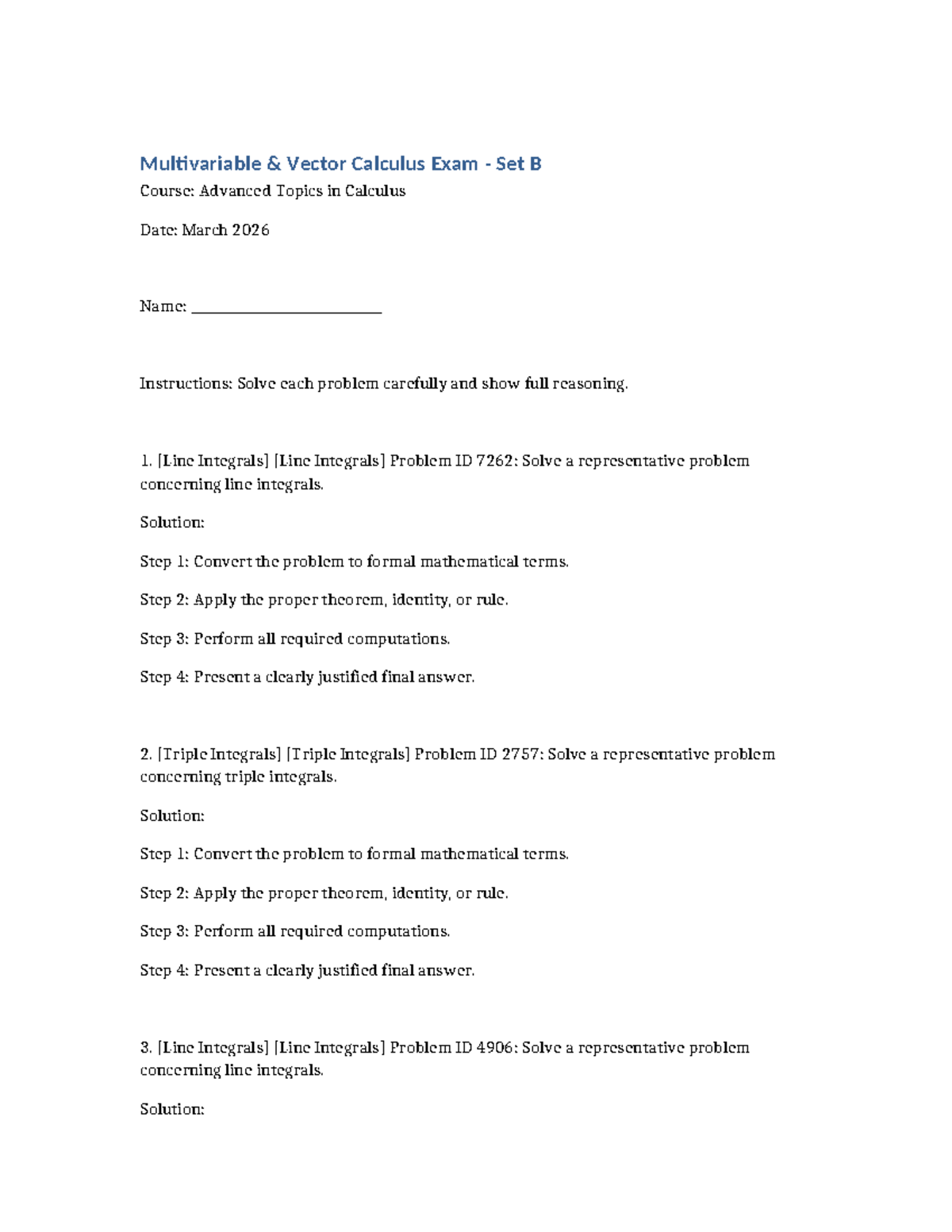 Math 4995 Multivariable Vector Calculus Exam Set B Solutions - Studocu