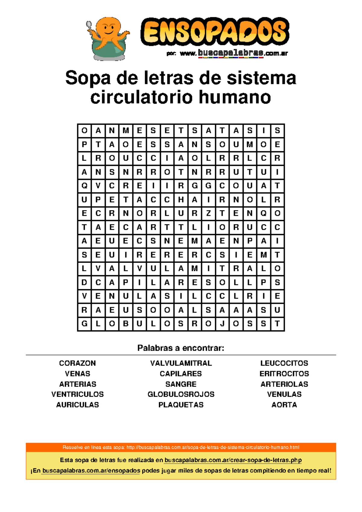 Sopa de letras de sistema circulatorio humano - com.ar/crear-sopa-de ...