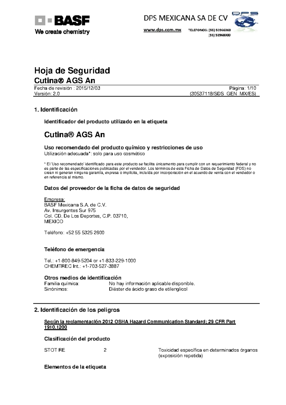 Ficha de Datos de Seguridad: Cutina® AGS An - V2.0 (Rev. 2015) - Studocu