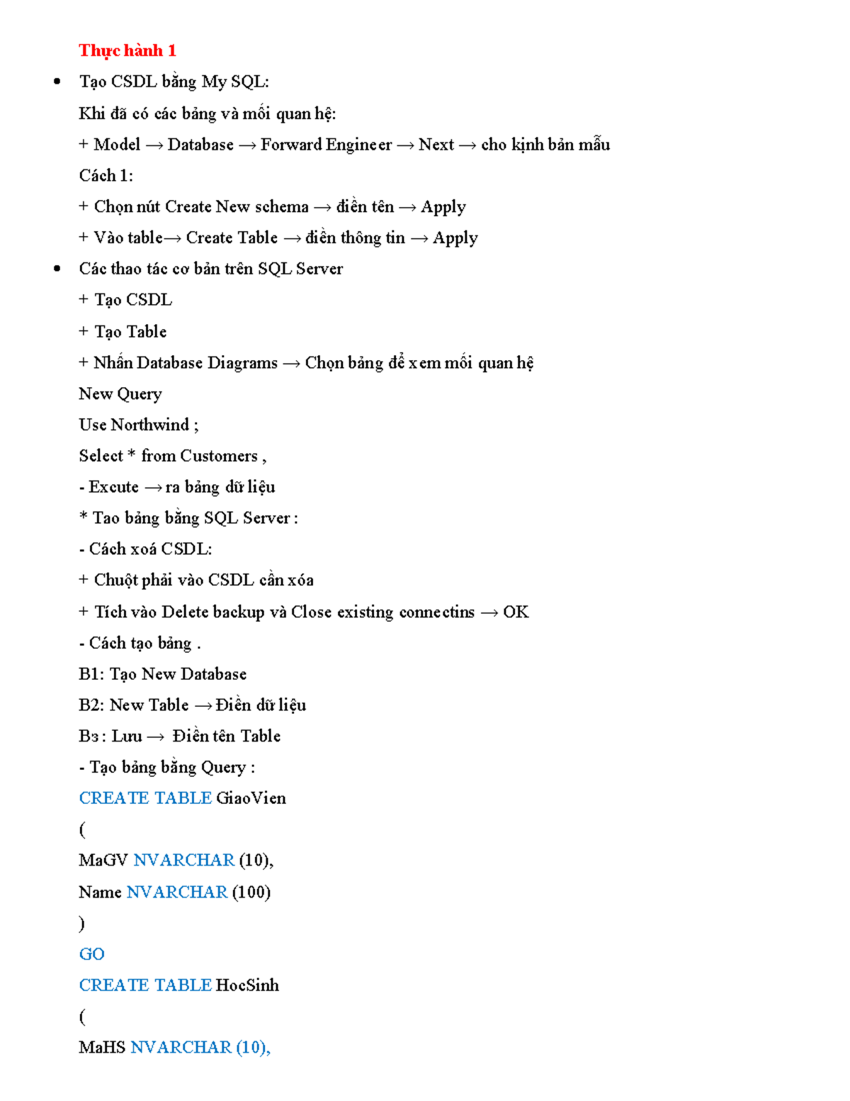 Thực Hành CSDL MySQL & SQL Server - fntrn - Studocu