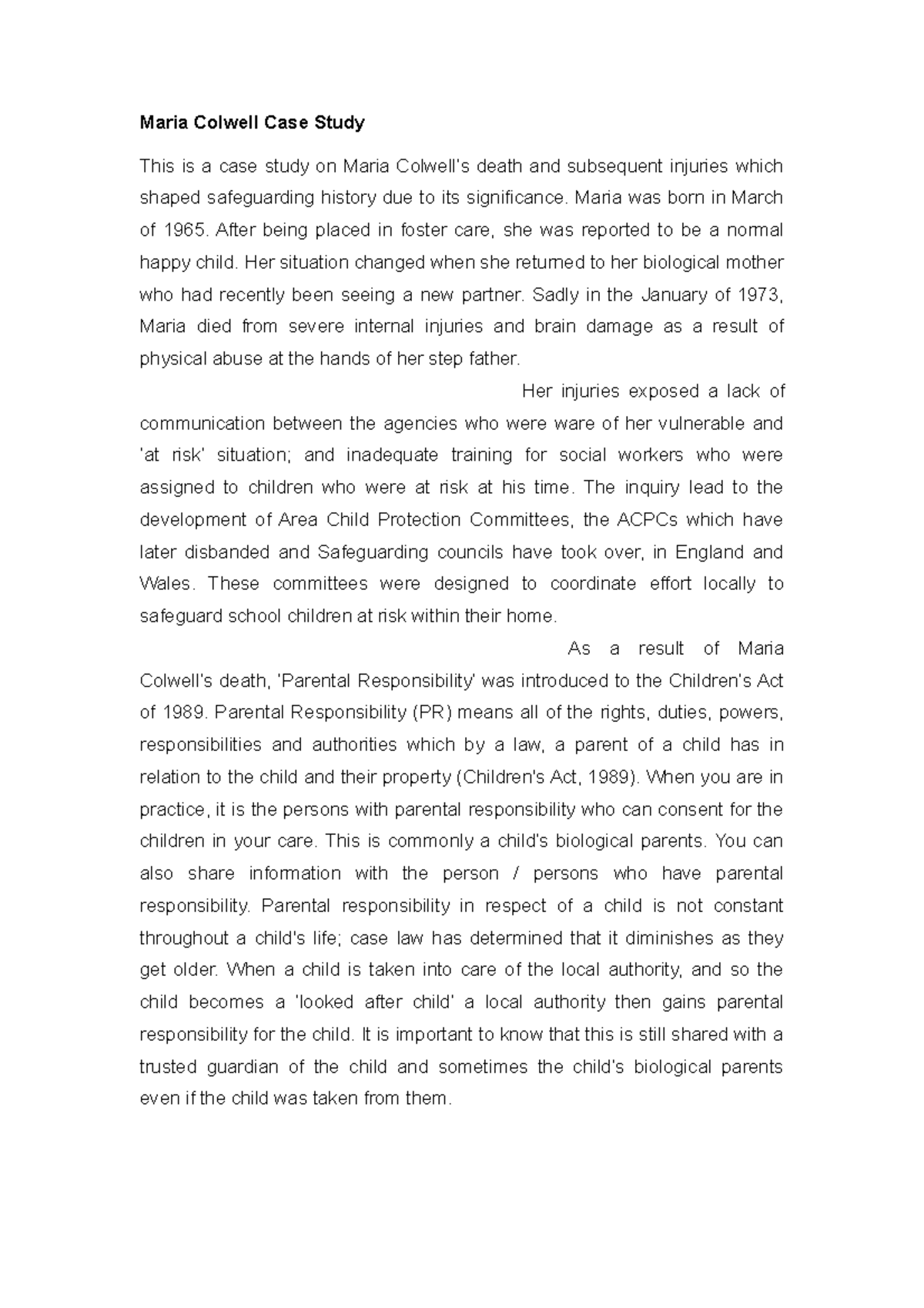 Maria Colwell Case Study: Impacts on Safeguarding Practices - Studocu