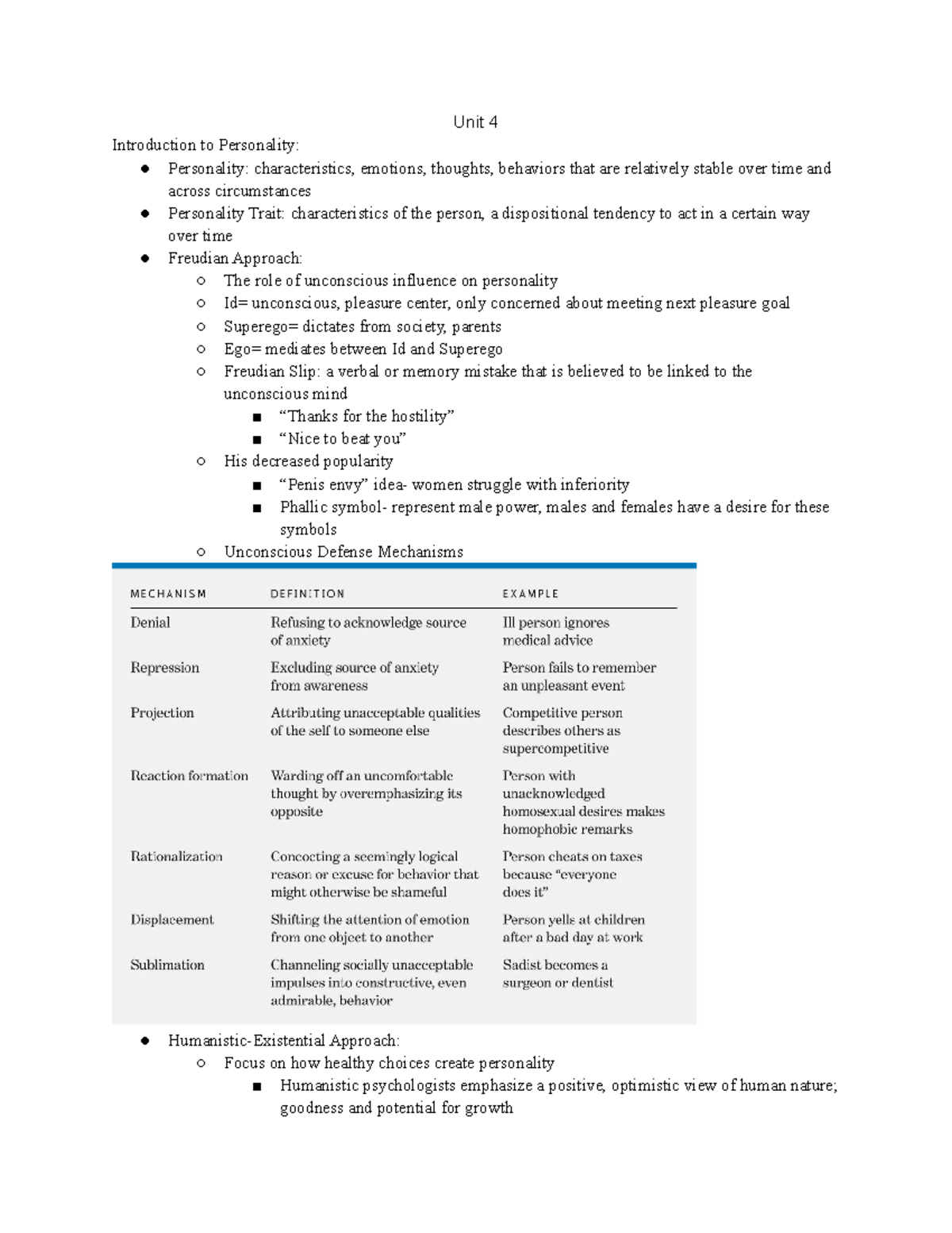 Copy of Psych Unit 4 Study Guide - Unit 4 Introduction to Personality ...