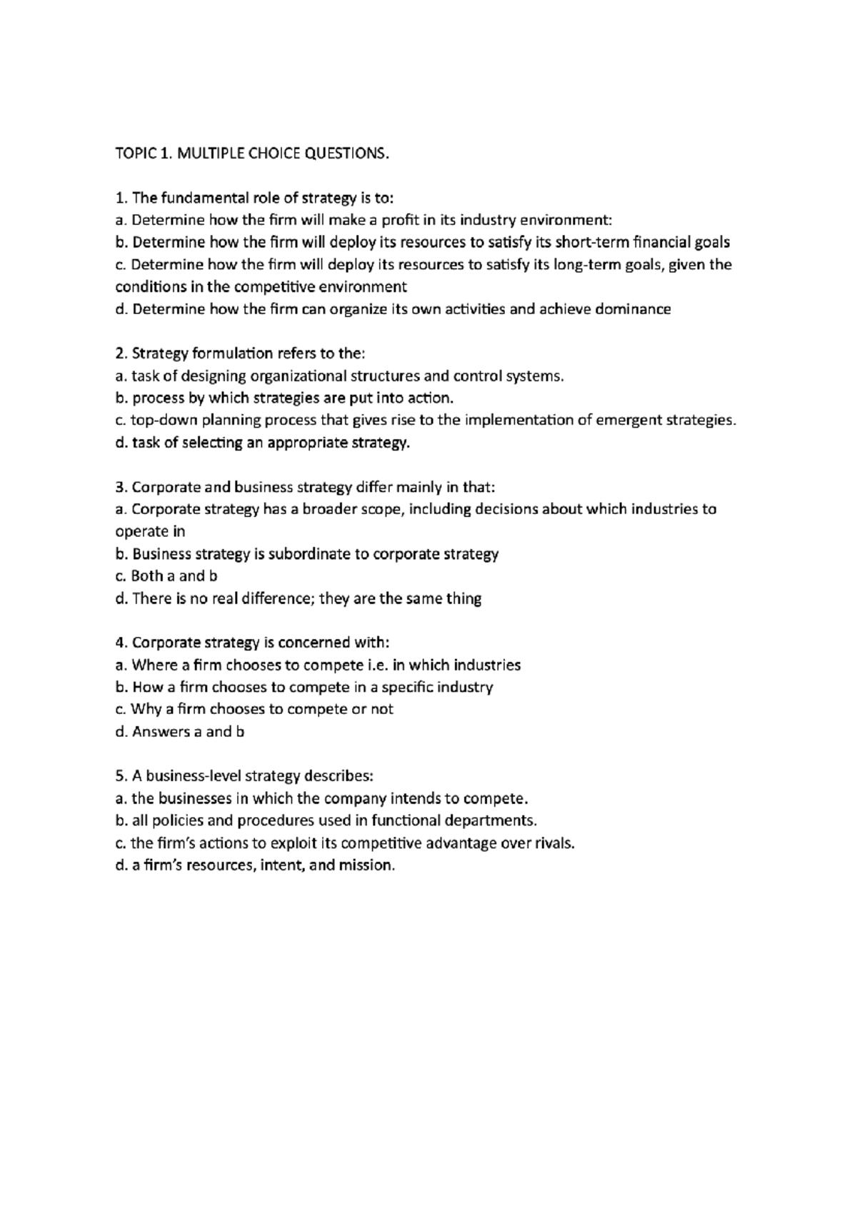 MGT 101: Topic 1 - Multiple Choice Questions on Strategy - Studocu