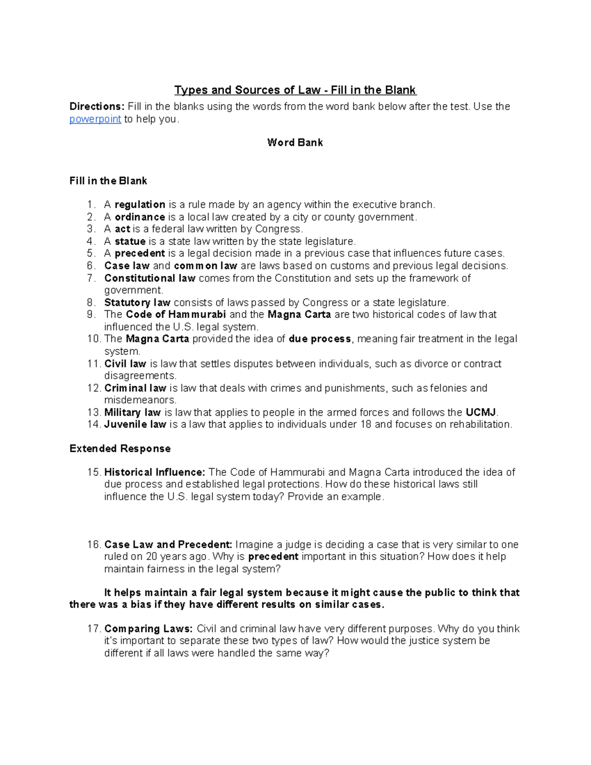 Types and Sources of Law - Fill in the Blank - Types and Sources of Law ...