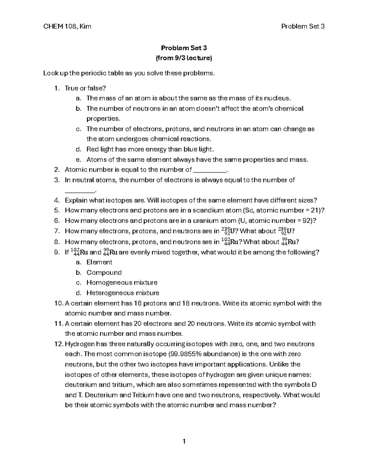 CHEM 108 Problem Set 3: Atomic Structure & Isotopes - Studocu