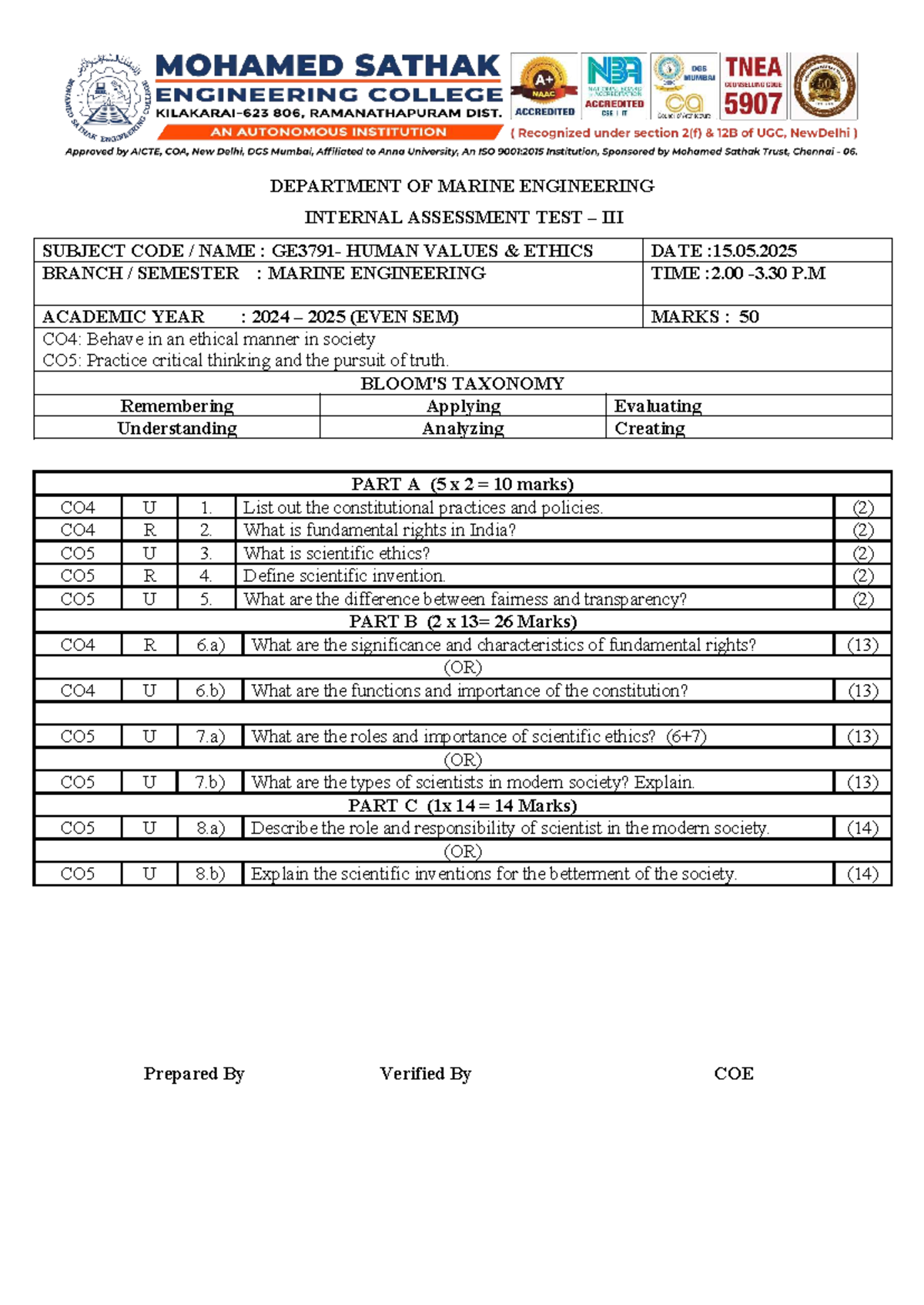 GE3791 Human Values & Ethics IAT III - Internal Assessment Test Summary ...