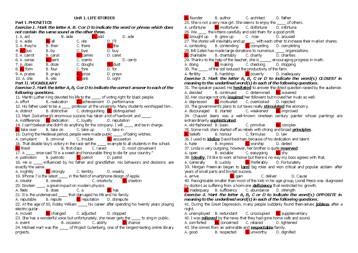 Unit 1 (KEY) - Phonetics and Vocabulary Practice Exercises - Studocu