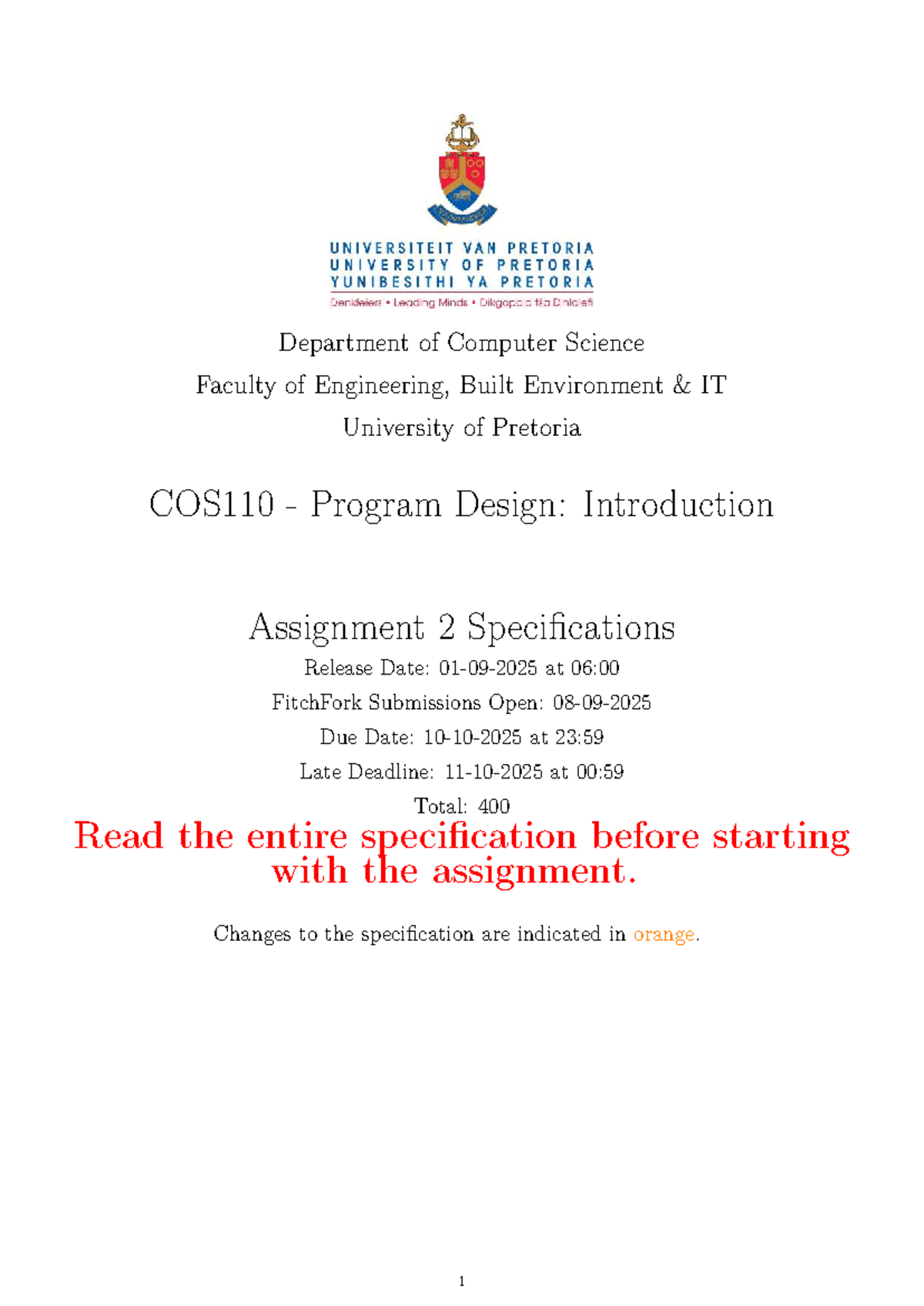 COS110 Program Design: Assignment 2 Specifications 2025 - Studocu