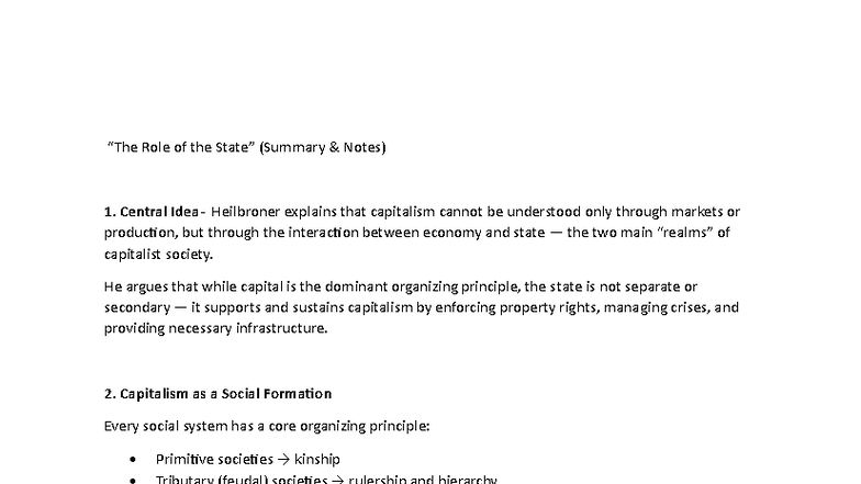 The Role of the State in Capitalism: Summary Notes - Studocu