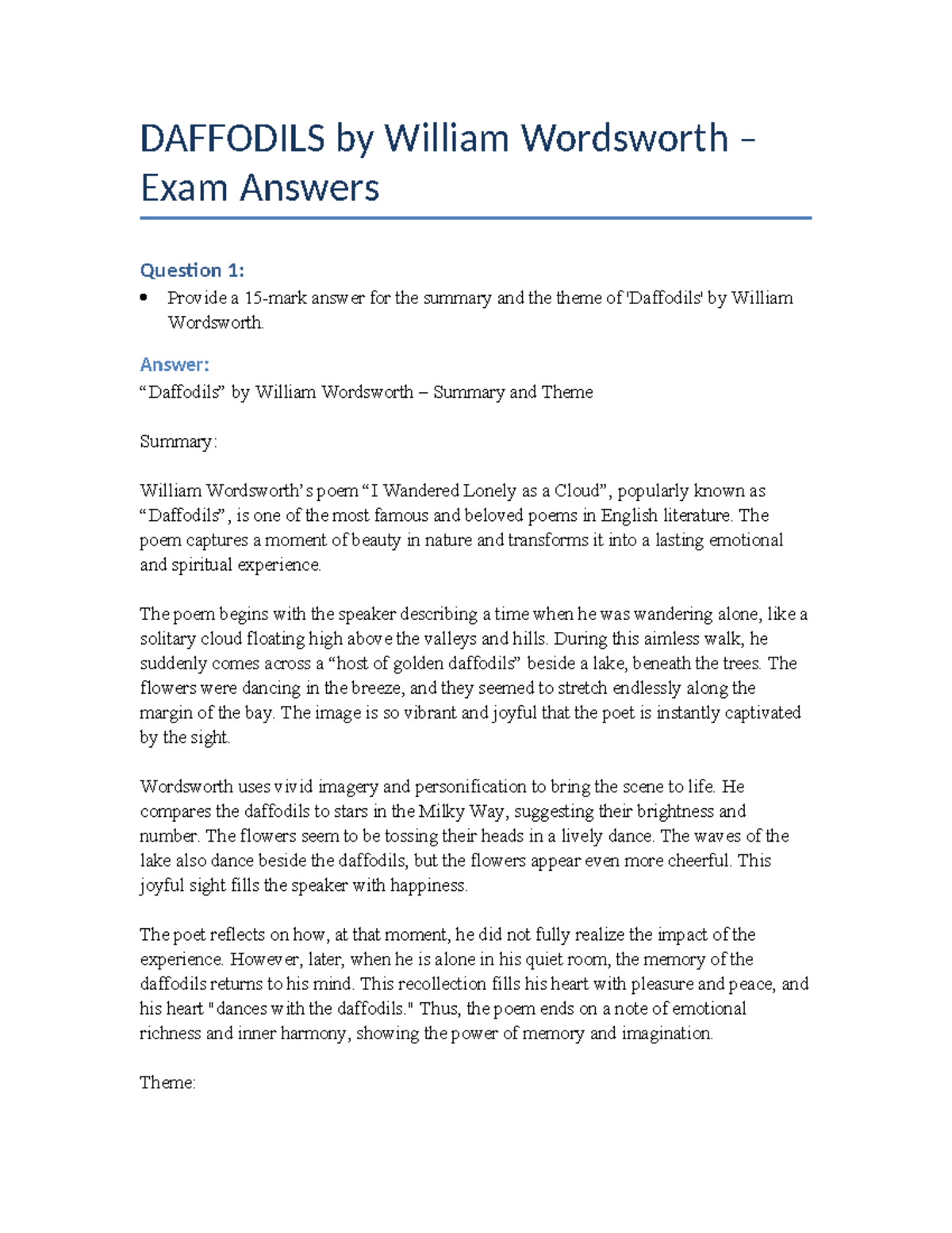 Daffodils (DAFF) Exam Answers: Summary & Themes of Wordsworth's Poem ...