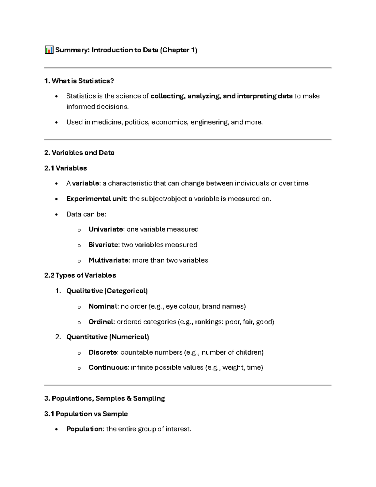 BME 120: Summary of Chapter 1 - Introduction to Data and Statistics - Studocu