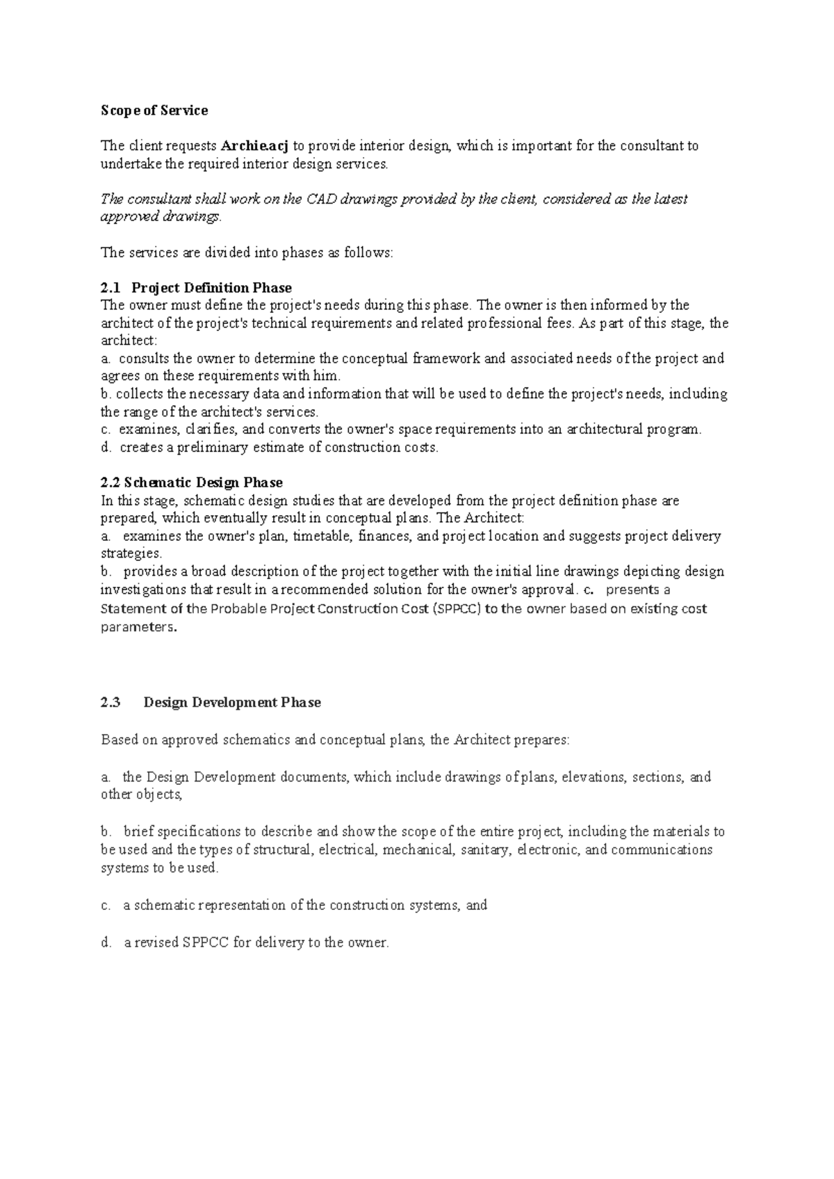 Scope of Service for Interior Design Project: Phases Overview - Studocu